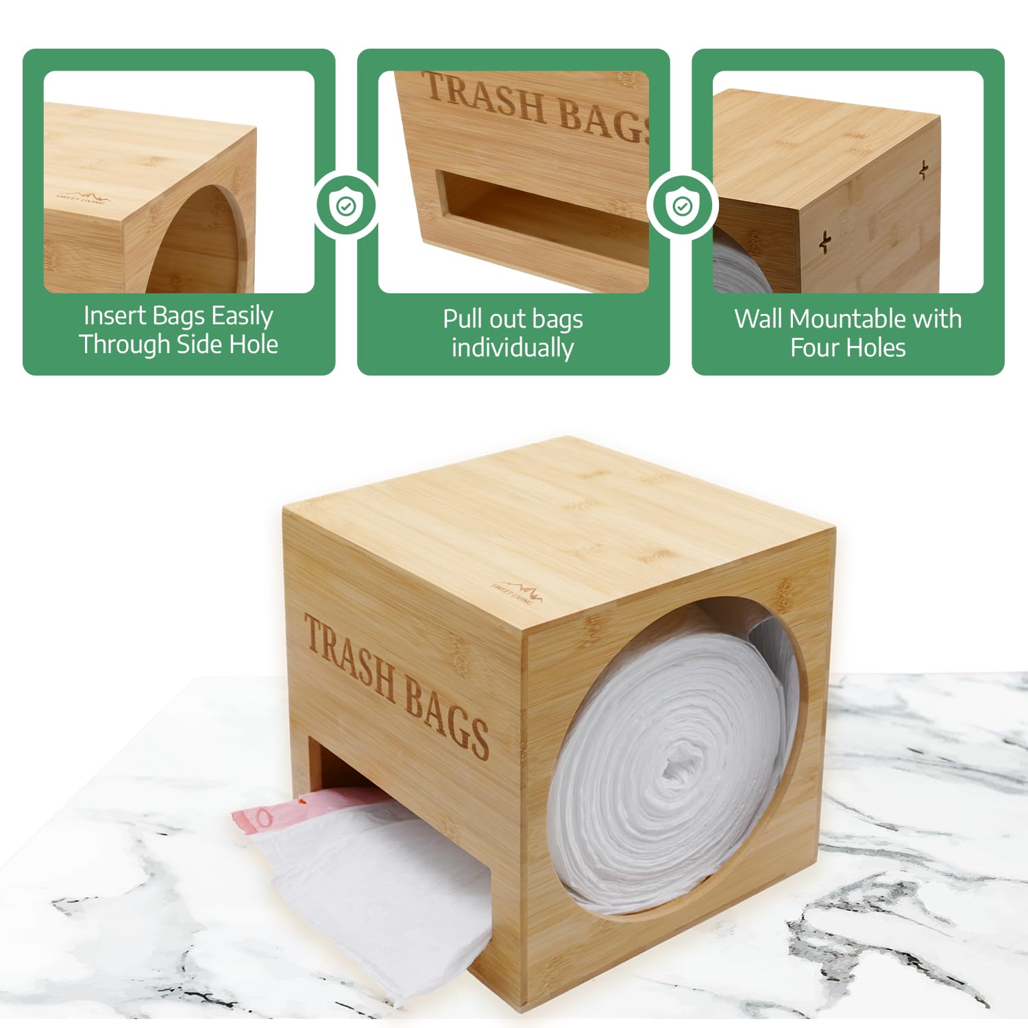 Largest Club Size Trash Bag Holder 10"x8.25"- Dispenser Holds 200 Bags & Regular Size Rolls, Convenient Design, Countertop or Wall-Mounted, Sturdy Bamboo, Easy to Clean