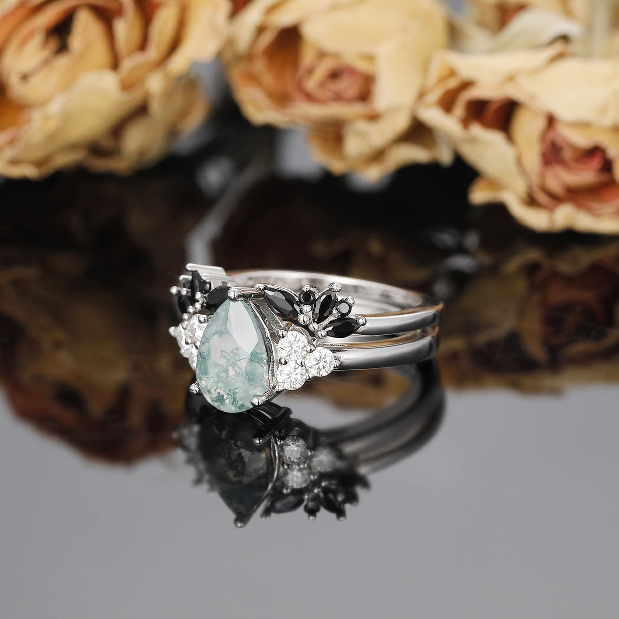IRROYA 6x9mm Natural Pear Cut Moss Agate Bridal Ring Set,Cluster Genuine Moissanite Engagement Ring,V Shaped Open Ring Band, Sterling Silver Platinum, moss agate