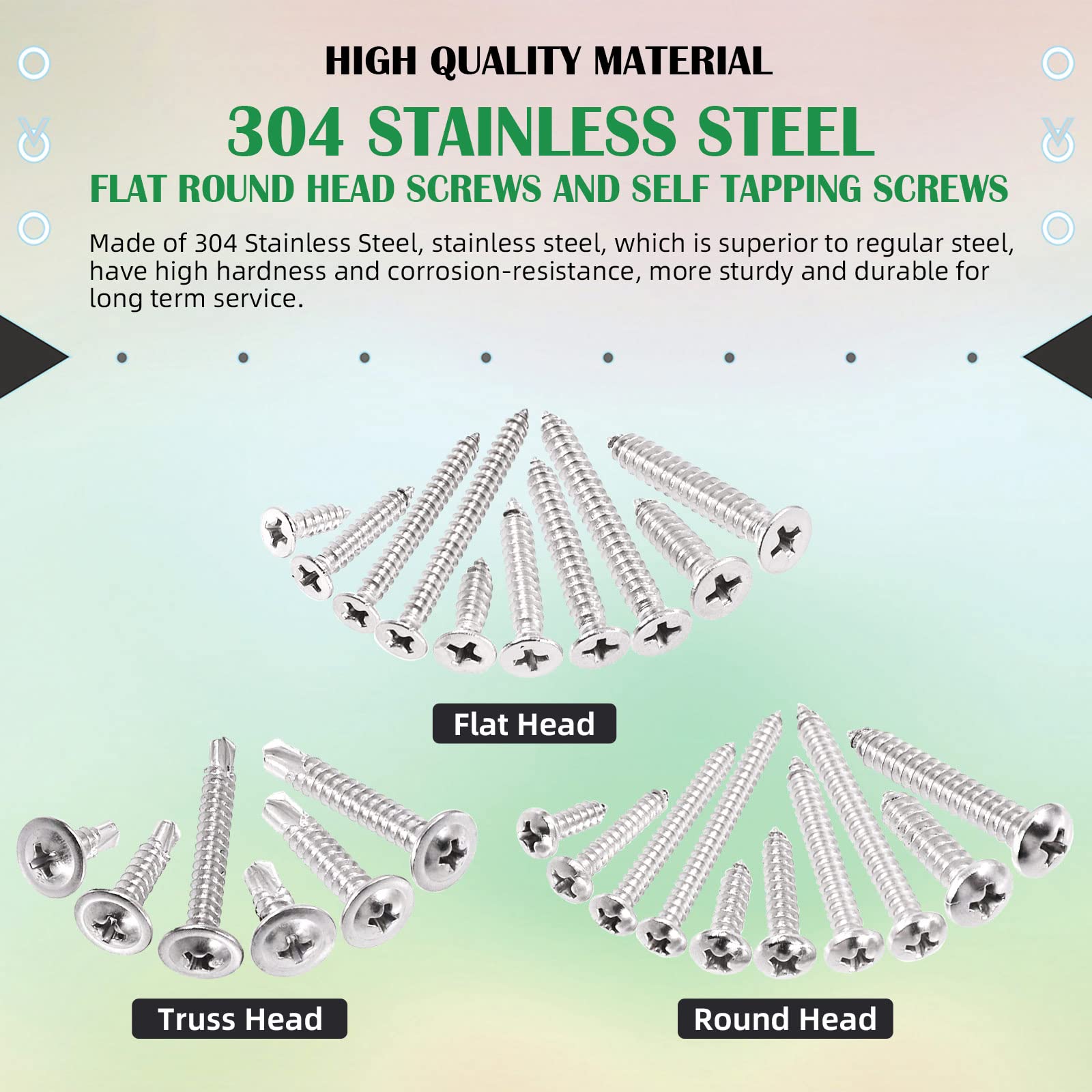 Keadic 620 Pcs 304 Stainless Steel #6#8#10 Self Tapping Screws Assortment Set Contains Round Head & Philips Flat Head & Wafer Head Self Drilling Screw Sheet Metal Screws