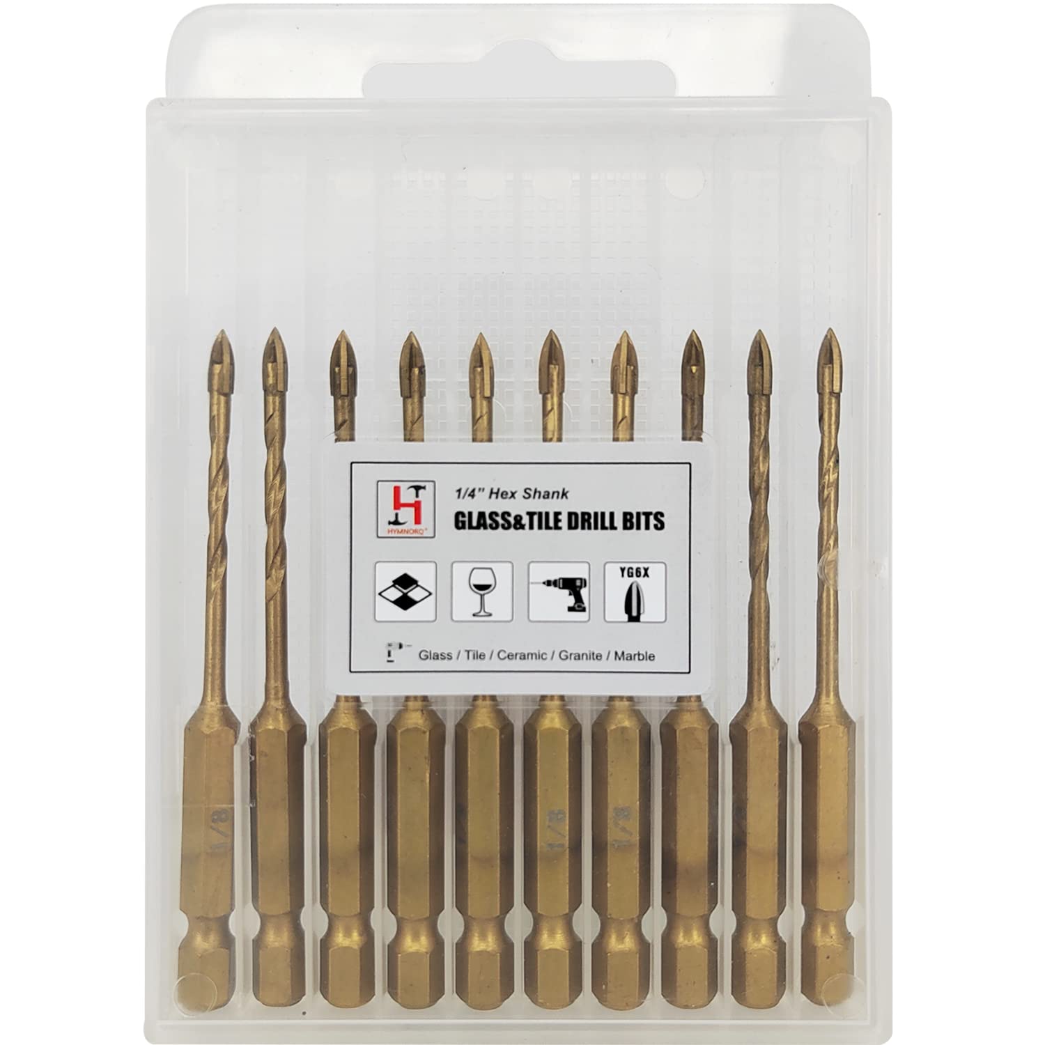 Hymnorq 1/8 Inch Masonry Drill Bits 10pc Pack, 4 Edges YG6X Carbide Tipped Cross Spear Head, 1/4 Hex Shank, Titanium Coated Surface, Multi-Purpose for Glass Tile Concrete Wood Ceramic Brick Marble