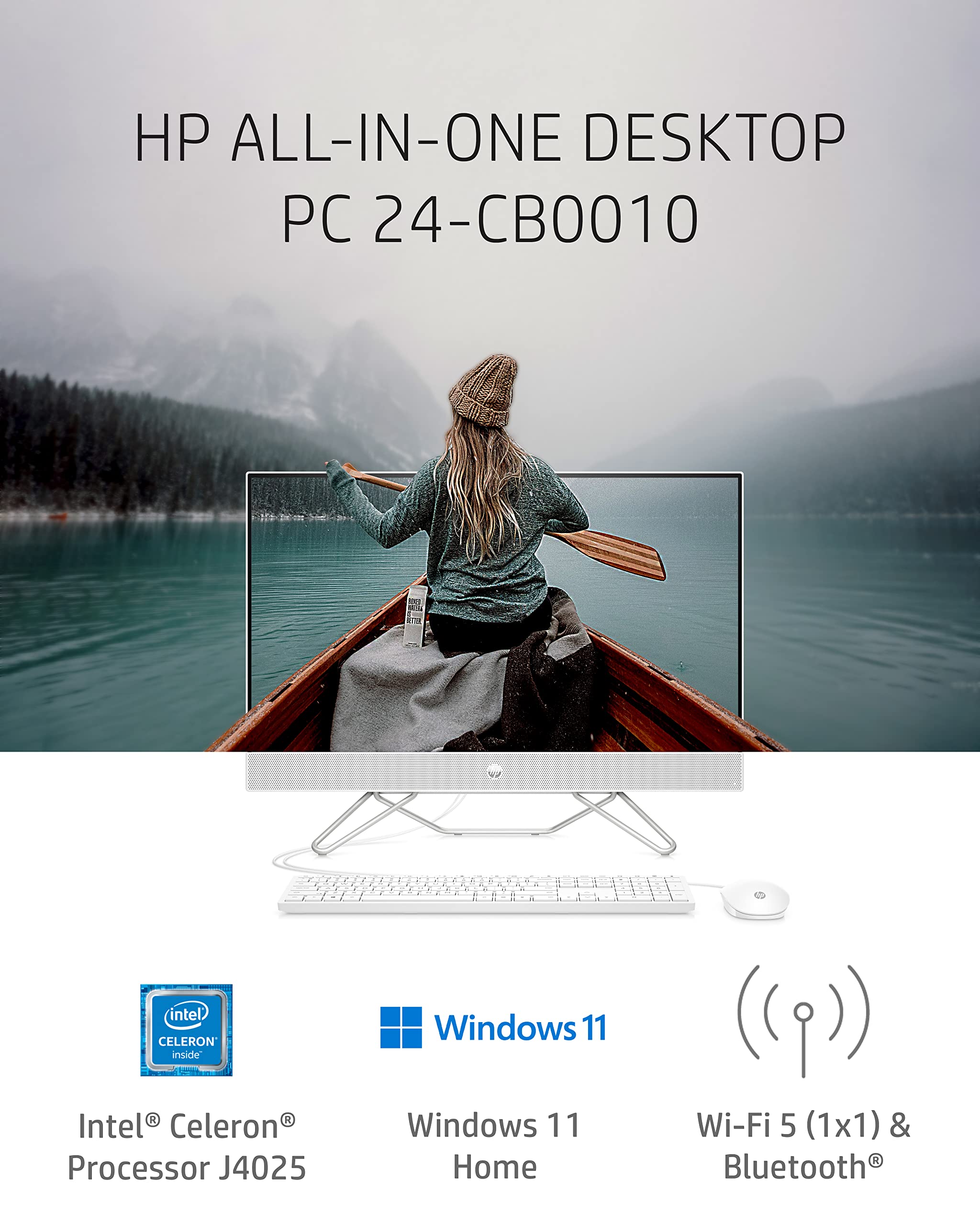 HP 24-cb0010 23.8” FHD All-in-One Desktop PC, Intel Celeron Processor J4025, 8GB RAM, 256 GB SSD, Webcam, WiFi, BT, Windows 11 Home (Renewed)