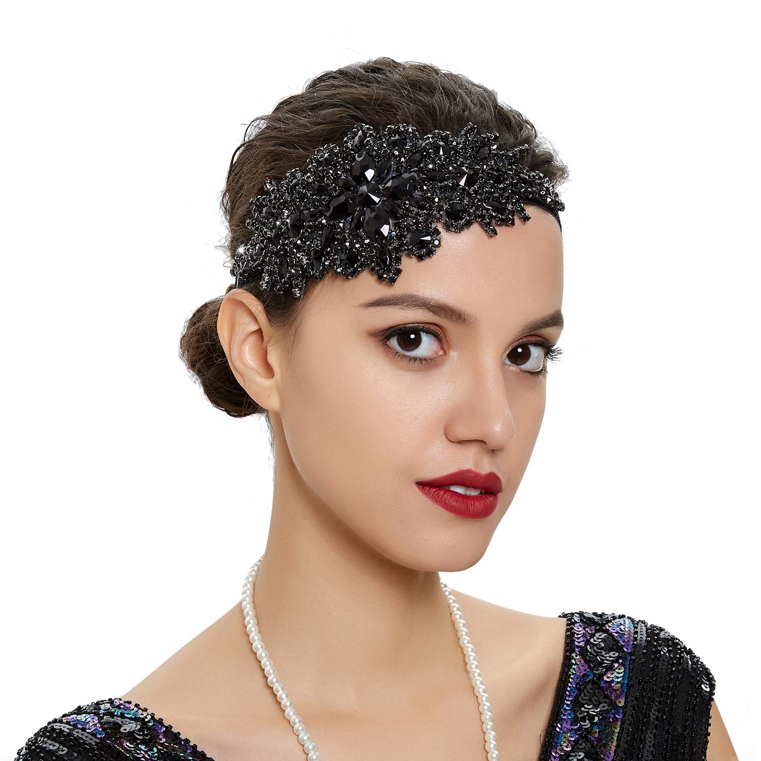 LATIMOON 1920s Flapper Headband Ostrich Feathers Headpiece Roaring 20s Sequins Headband Great Gatsby Hair Accessories for Women