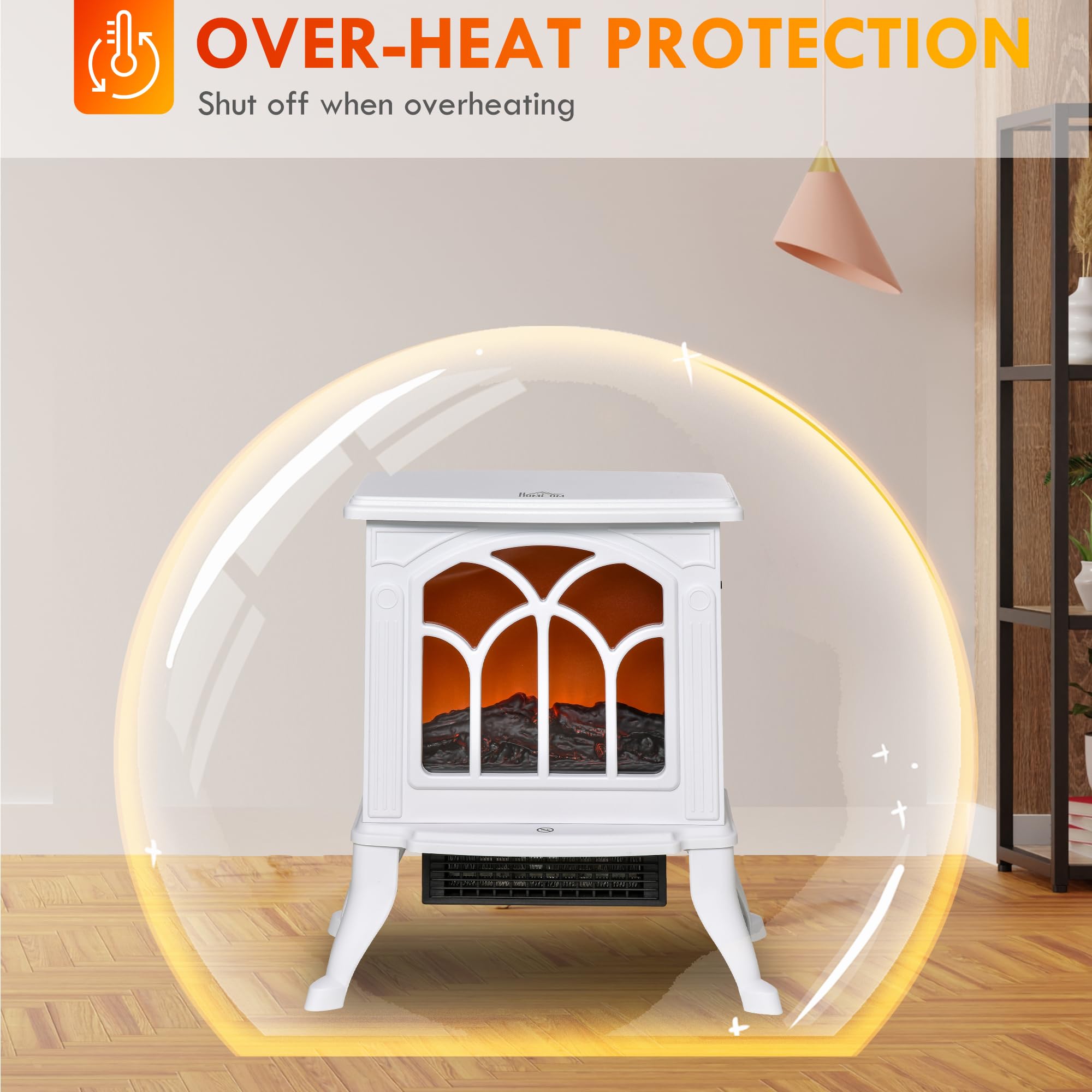 HOMCOM 17" Freestanding Electric Fireplace Stove, Fire Place Heater with Realistic Logs and Flame Effect, Adjustable Temperature, and Overheat Protection, 750W/1500W, White