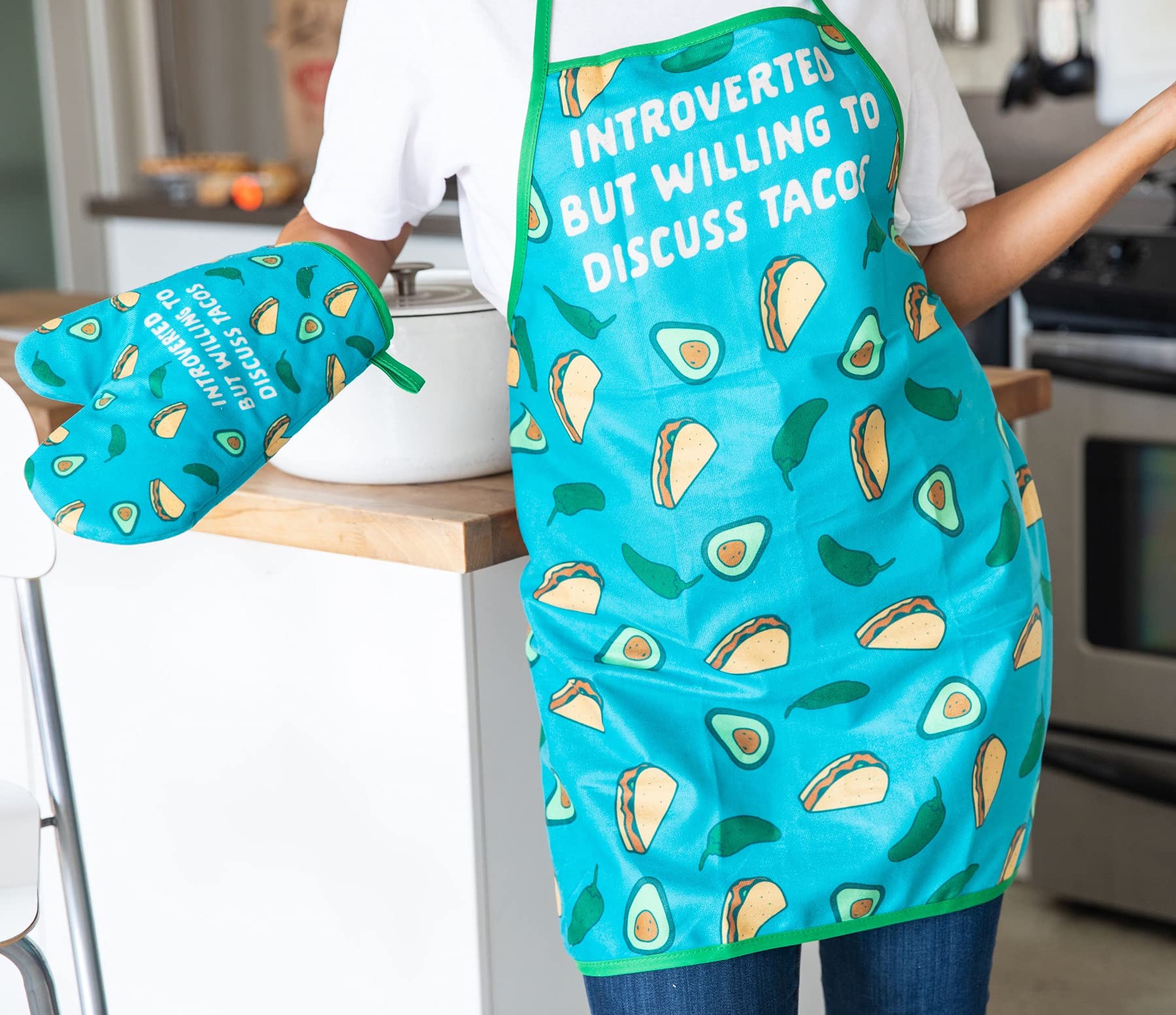 Introverted But Willing To Discuss Tacos Funny Cinco De Mayo Graphic Kitchen Accessories Funny Graphic Kitchenwear Funny Food Novelty Cookware Blue Oven Mitt