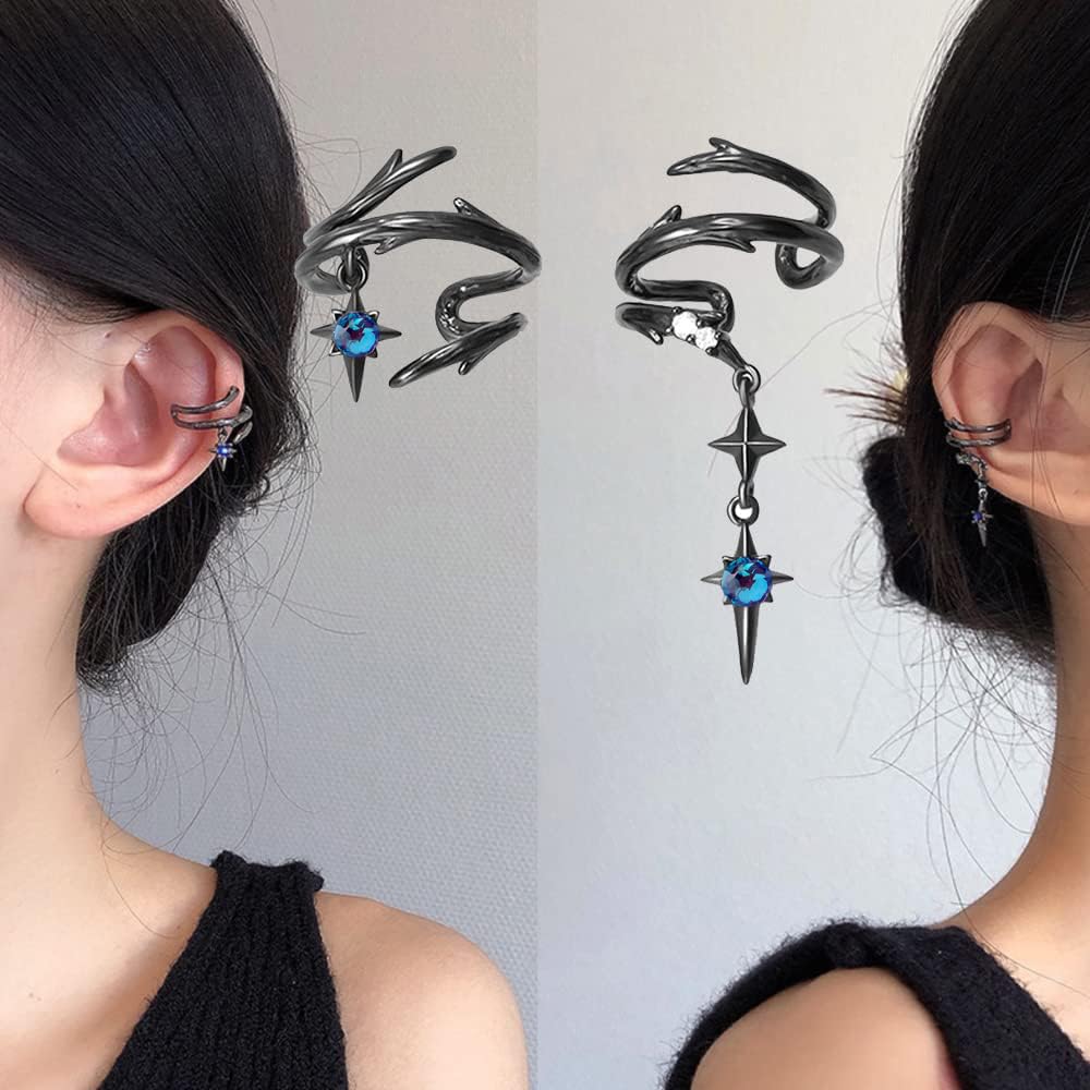 Injoehom Women's Black Dangle Metal Thorns Cross Blue Cubic Zirconia Ear Cuff, Non Piercing