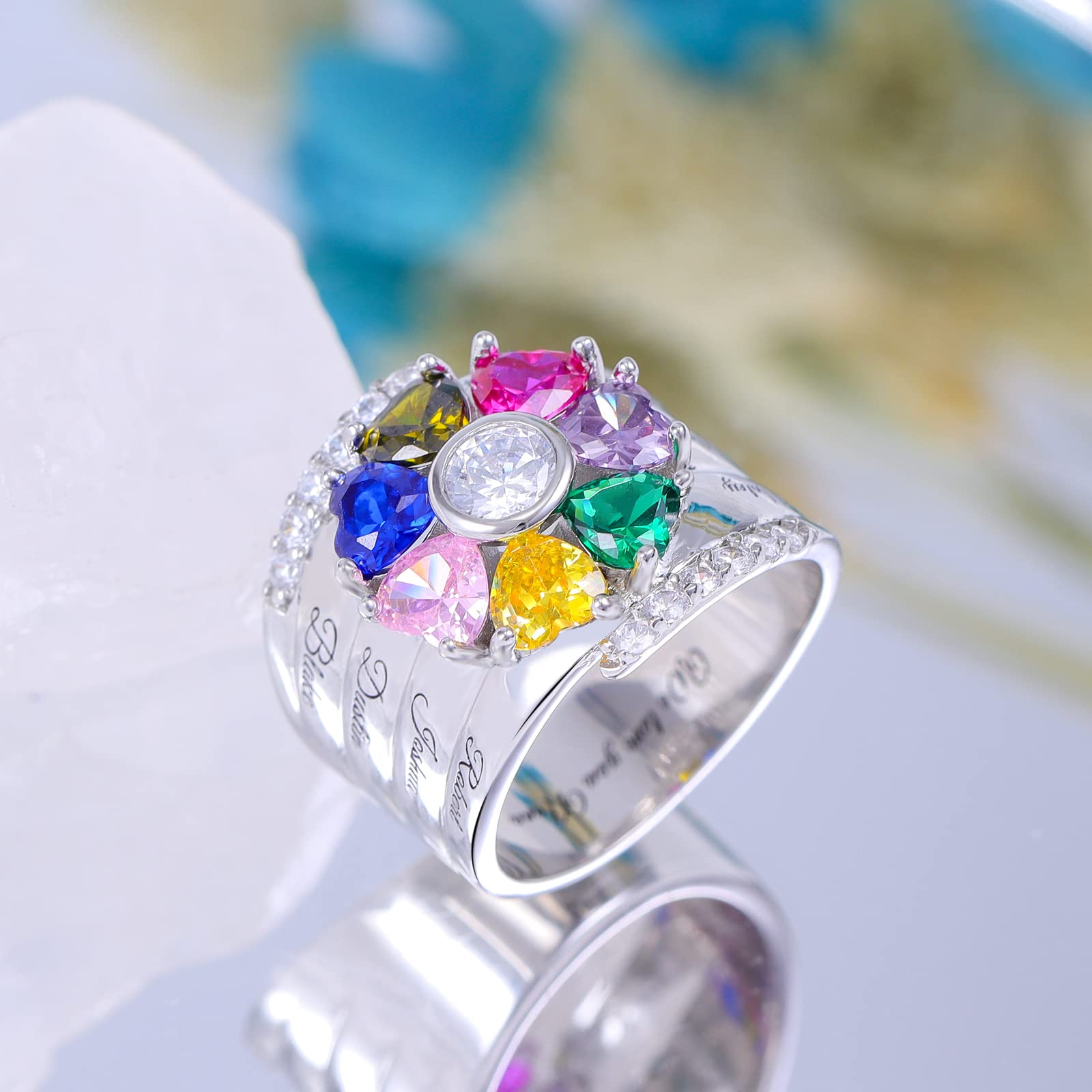 Laleonpame Custom Grandmother Ring Sterling Silver with 7 Birthstones & Names Family Wedding Band Mother's Day Ring