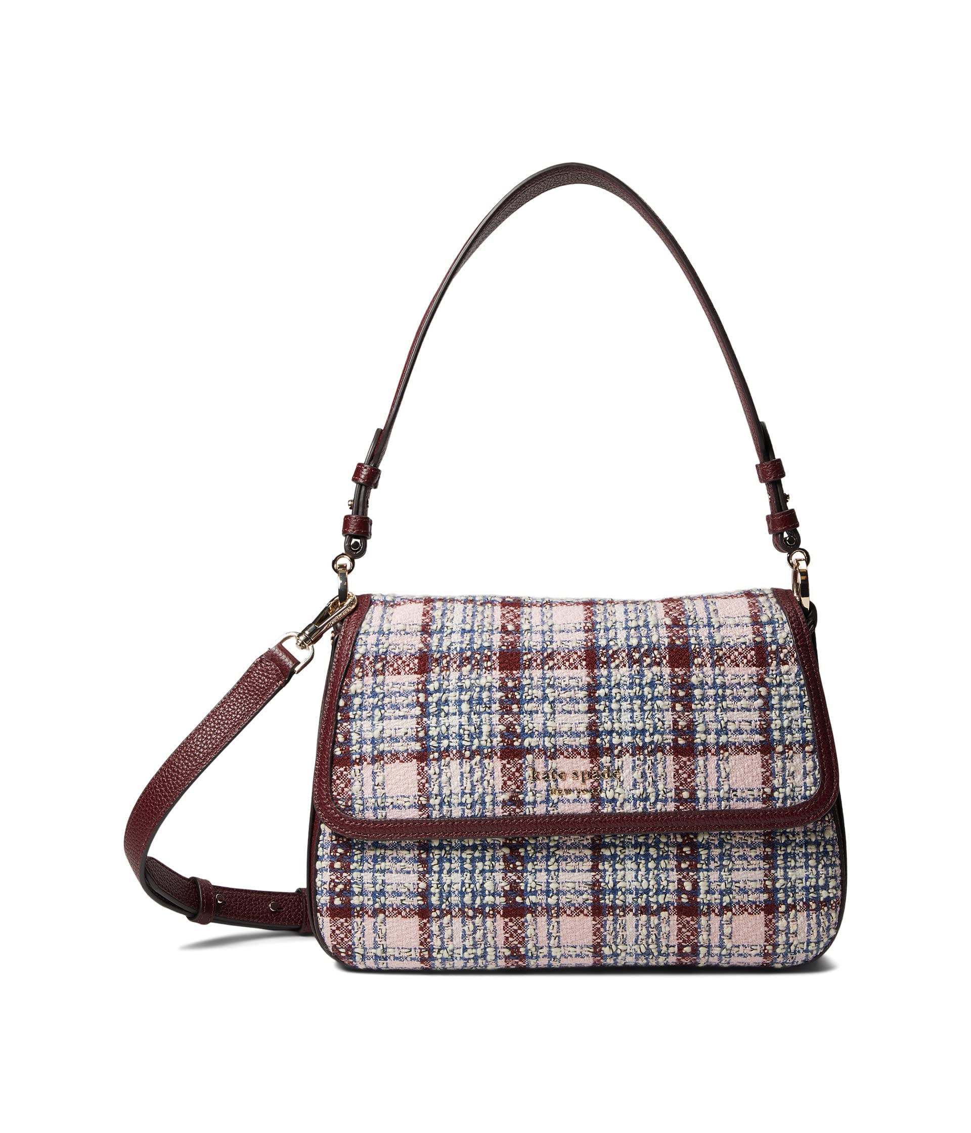 Kate Spade New York Hudson Tweed Fabric Medium Convertible Flap Shoulder Bag Dark Merlot Multi One Size