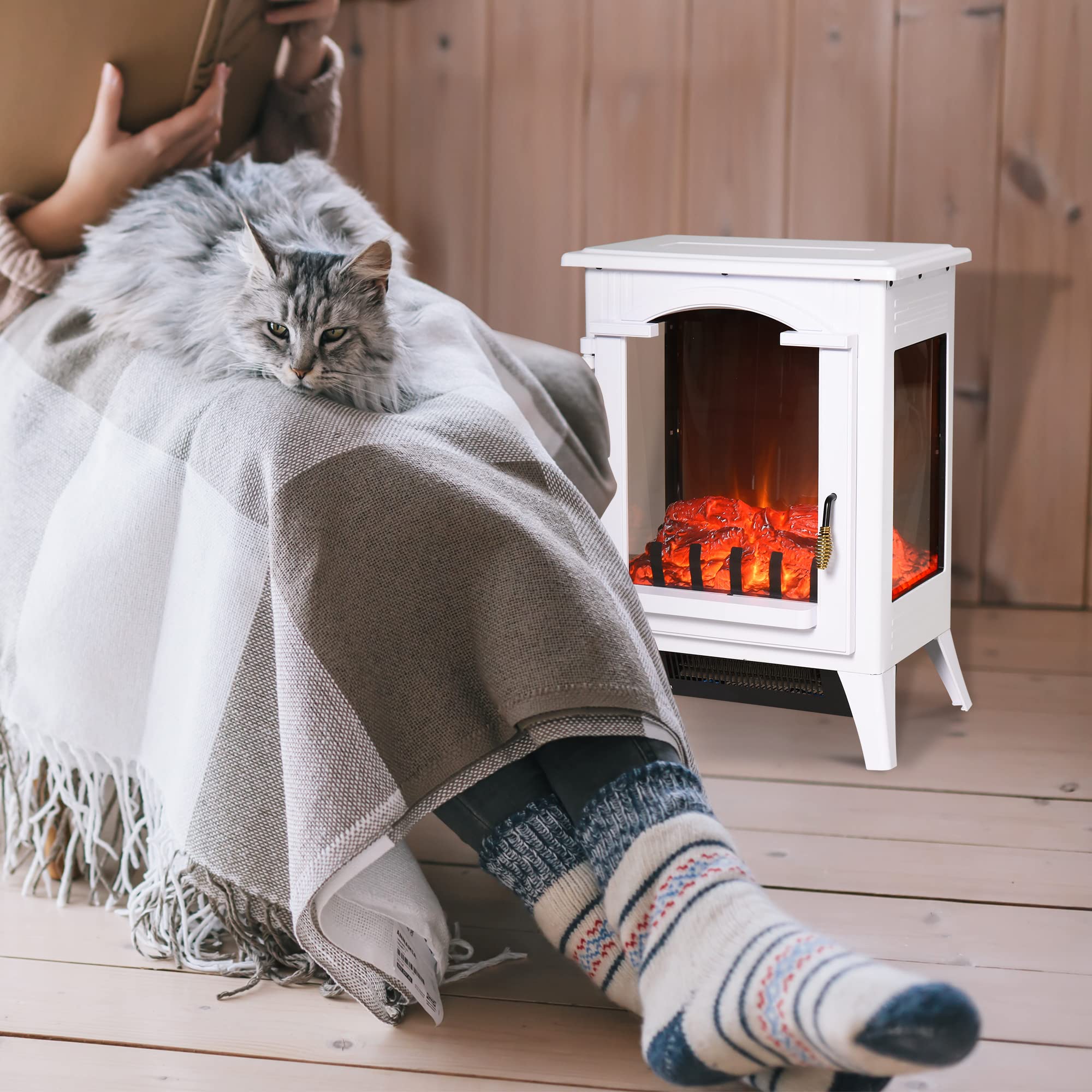 HOMCOM 23" Electric Fireplace Heater, Fire Place Stove with Realistic LED Flames and Logs and Overheating Protection, 750W/1500W, White