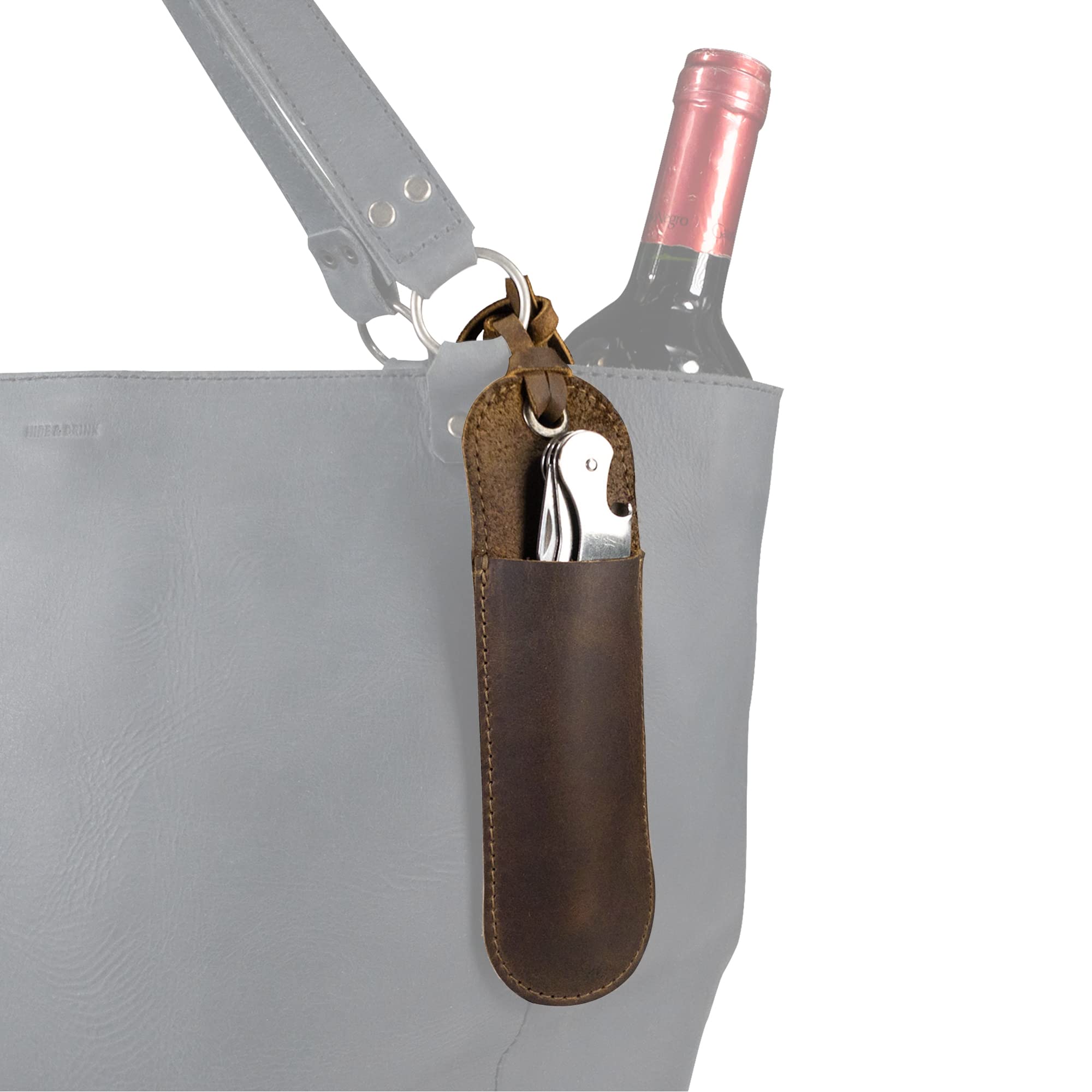 Hide & Drink, Corkscrew Holder with Strap Handmade from Full Grain Leather - Classy Wine Opener Case, Waiter Accessory - Bourbon Brown