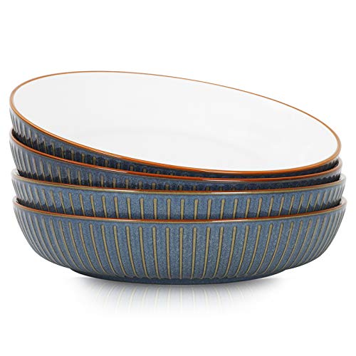 JDZTC Porcelain 26 Ounce Pasta Bowls Set of 4, 8 inch Wide and Shallow Salad Bowls, Serving Bowls, Microwave & Dishwasher Safe, Sturdy & Stackable, blue grey