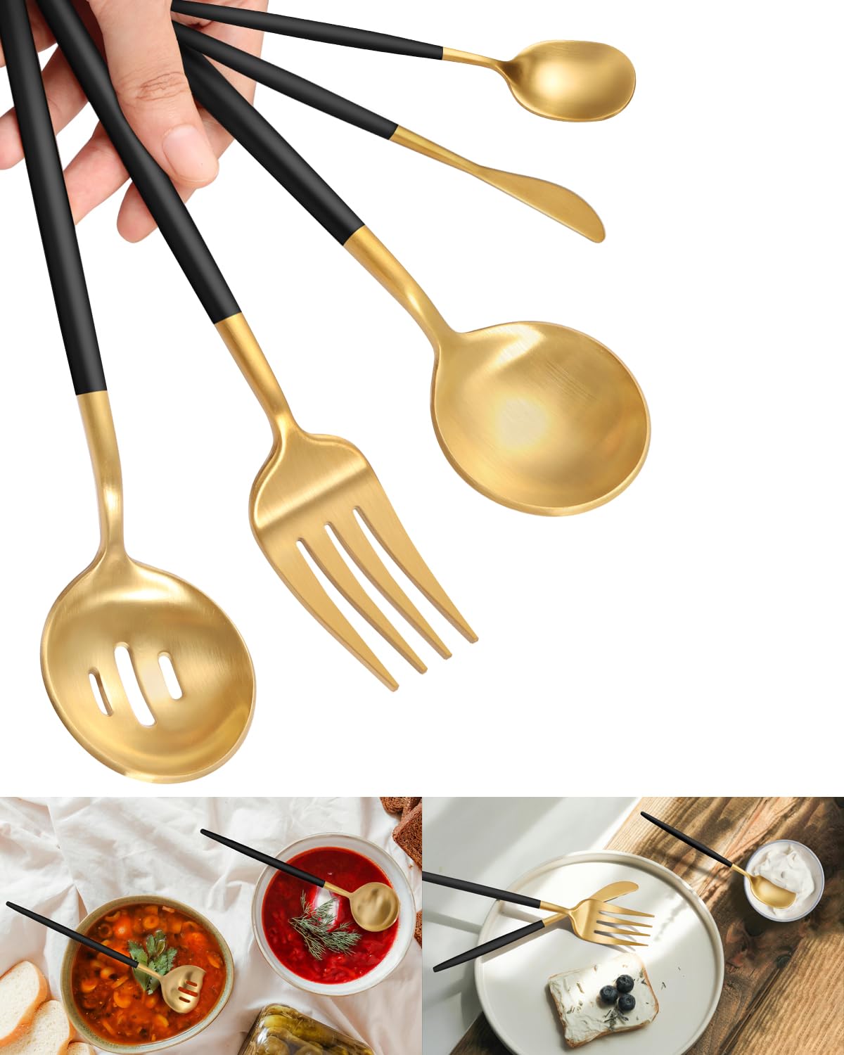 Ollex 5PCS Serving Utensils set include Serving Spoon, Slotted Spoon, Soup Spoon, Butter Knife and Sugar Spoon,Heavy Duty Stainless Steel Large Hostess Utensils Serving Set for Parties Buffet Banquet