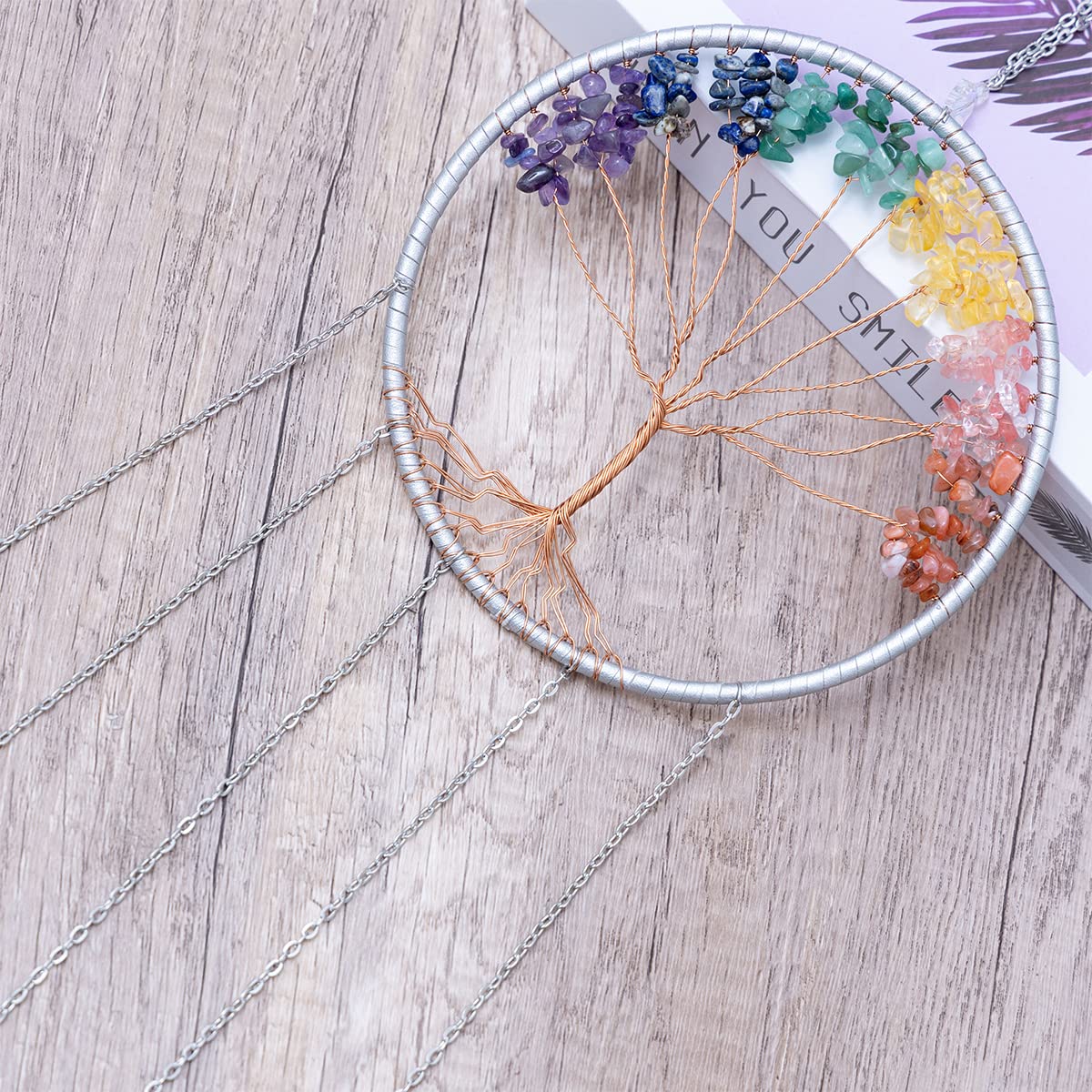 Gem Dream Catchers Agates 7 Chakra Gemstone Wall Hangings Tree of Life Meditation Ornament Home Chakra Feng Crystals Decor Stoneā¦