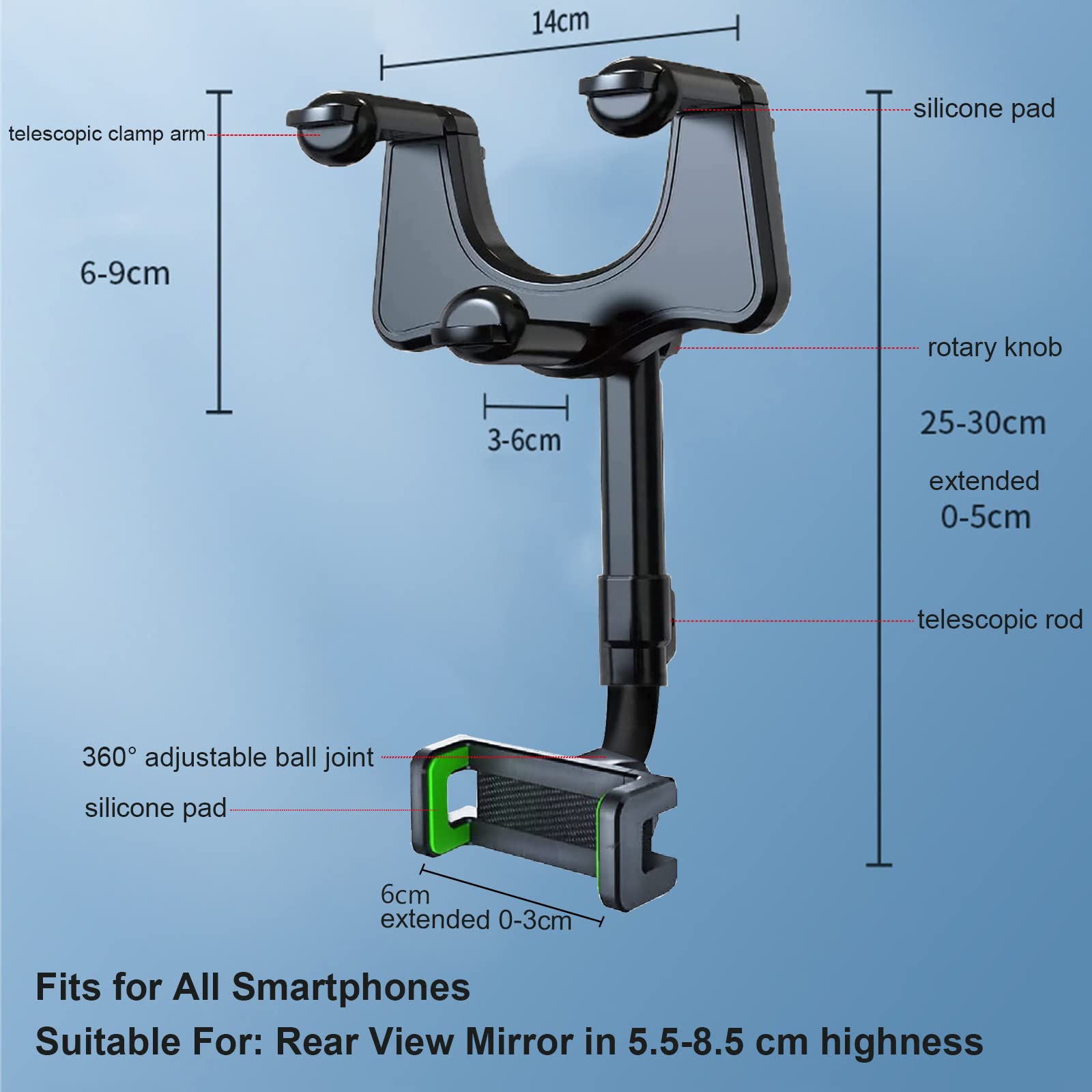 HOYZNBI ππππ ππ©π π«ππππ Rearview Mirror Car Phone Holder, 360Β° Rotatable & Retractable Car Phone Holder Mirror Mount, Universal Car Phone Mount Automobile Cradles for All Smartphones & Cars