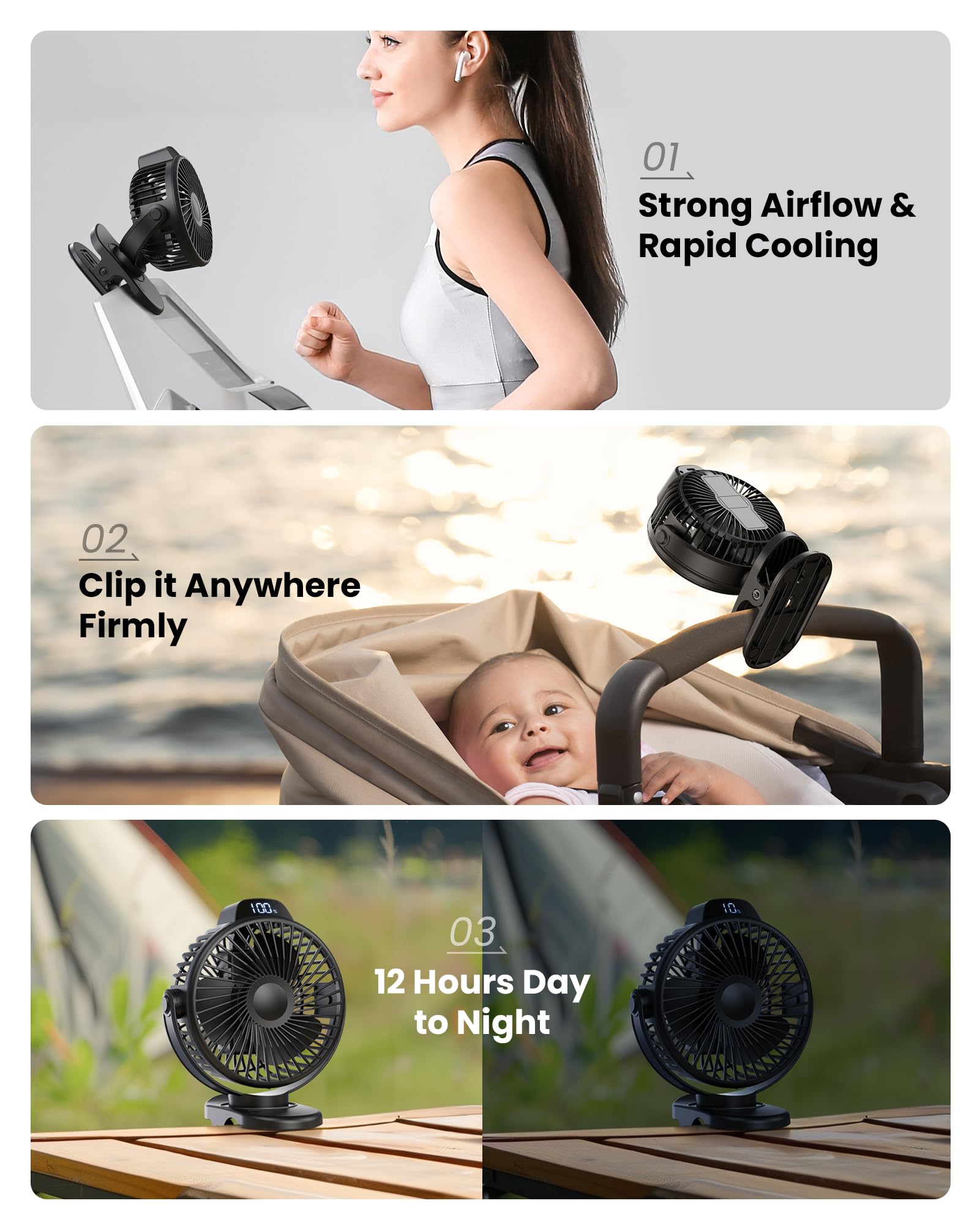 Koonie Portable Clip On Fan, Small USB Fan Battery Operated, 3 Speed Rechargeable Mini Fan With LED Display, 360° Rotate Personal Cooling Desk Fan for Stroller Travel Camping Golf Gym