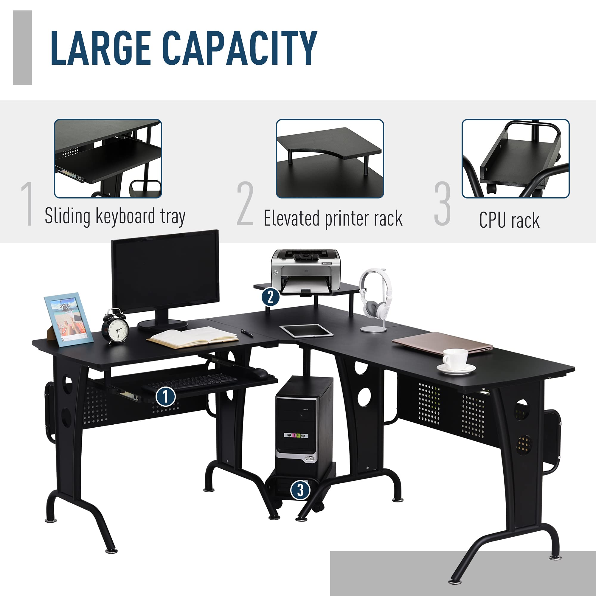 HOMCOM L-Shaped Corner Computer Office Desk Workstation with Elevated Shelf, Rolling Keyboard Tray, & Convenient CPU Stand, Black