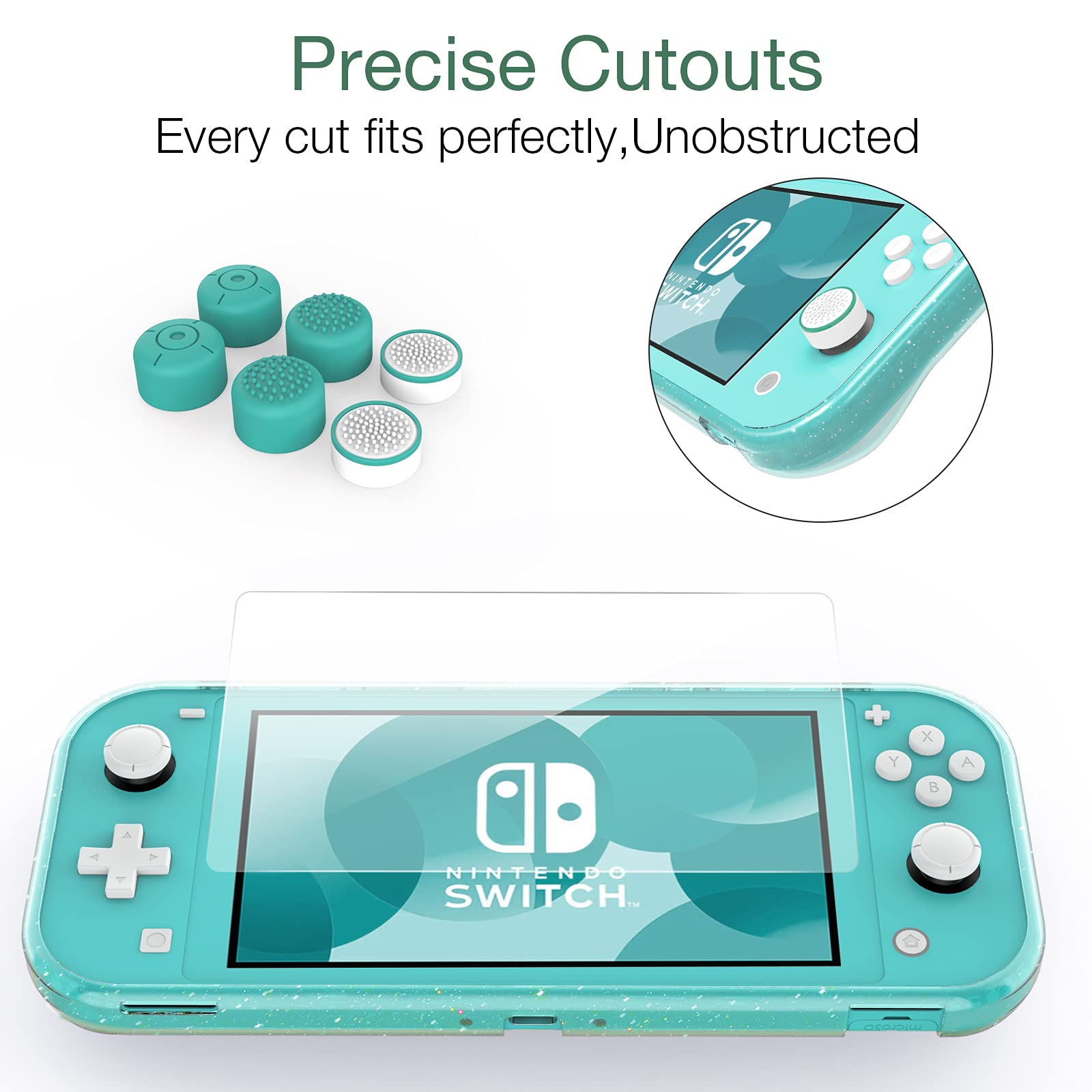 HEYSTOP Compatible with Switch Lite Carrying Case, Switch Lite Case with Soft Glitter TPU Protective Case Games Card 6 Thumb Grip Caps for Nintendo Switch Lite Accessories Kit(Turquoise)