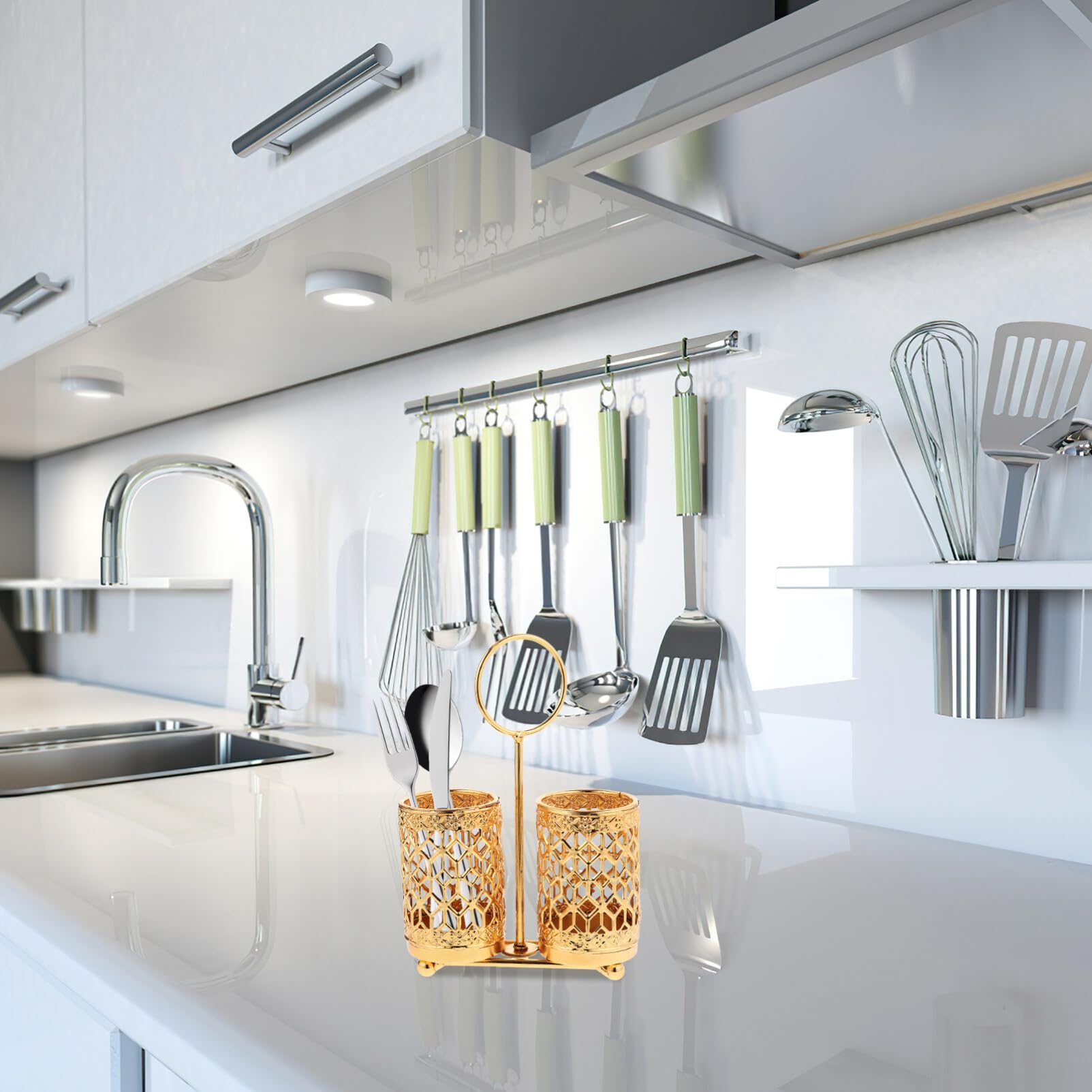 Hemoton Metal Utensil Pot Golden Utensils Holder Rotating Metal Utensils Holder Silverware Organizer Cutlery Holder Fork Spoon Flatware Storage Basket for Countertop Buffet Picnic