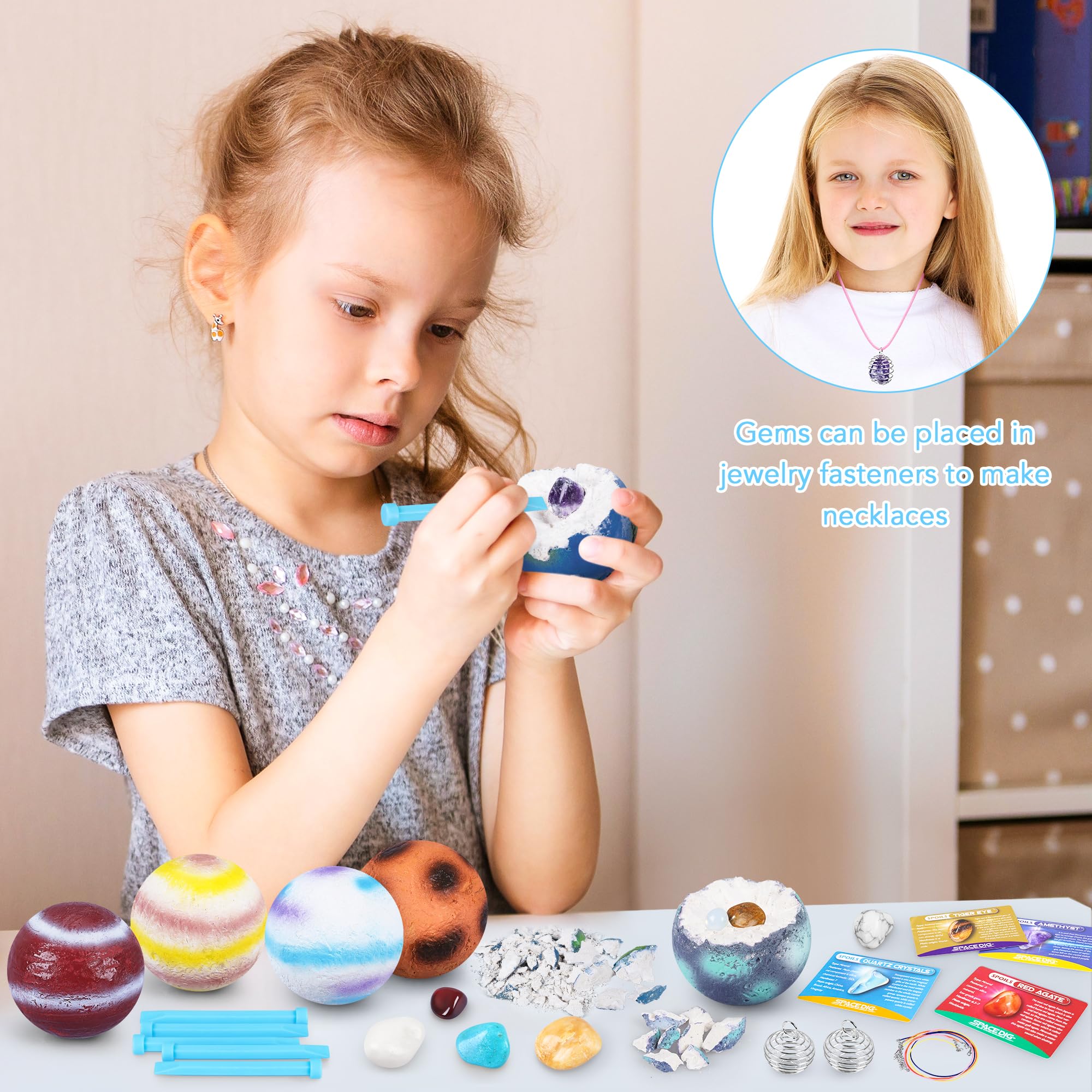 Junall Gemstone Dig Kit, Easter Egg Space Toys for Kids, Dig up 8 Planets Find 16 Gems & Explore Solar System, Science STEM Activities - Educational Gifts for Boys Girls Age 5 6 7 8 10+Year Old