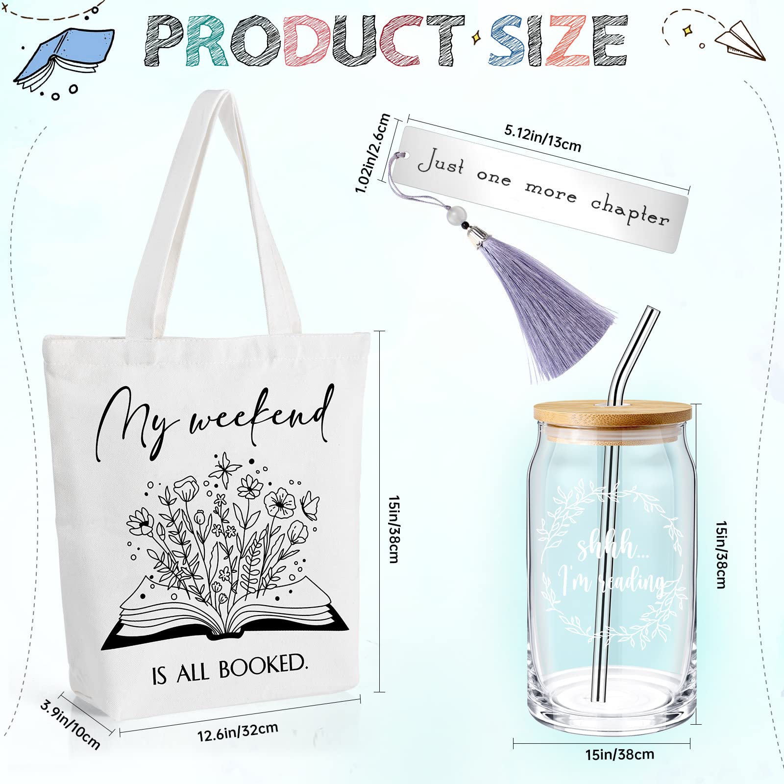 Inbagi Book Lovers Gifts Set Include 16oz Drinking Glass with Bamboo Lid and Straw for Library Tote Bag Stainless Steel Bookmark Gift for Reader Teacher Women(Elegant, 13 x 15 x 4'')