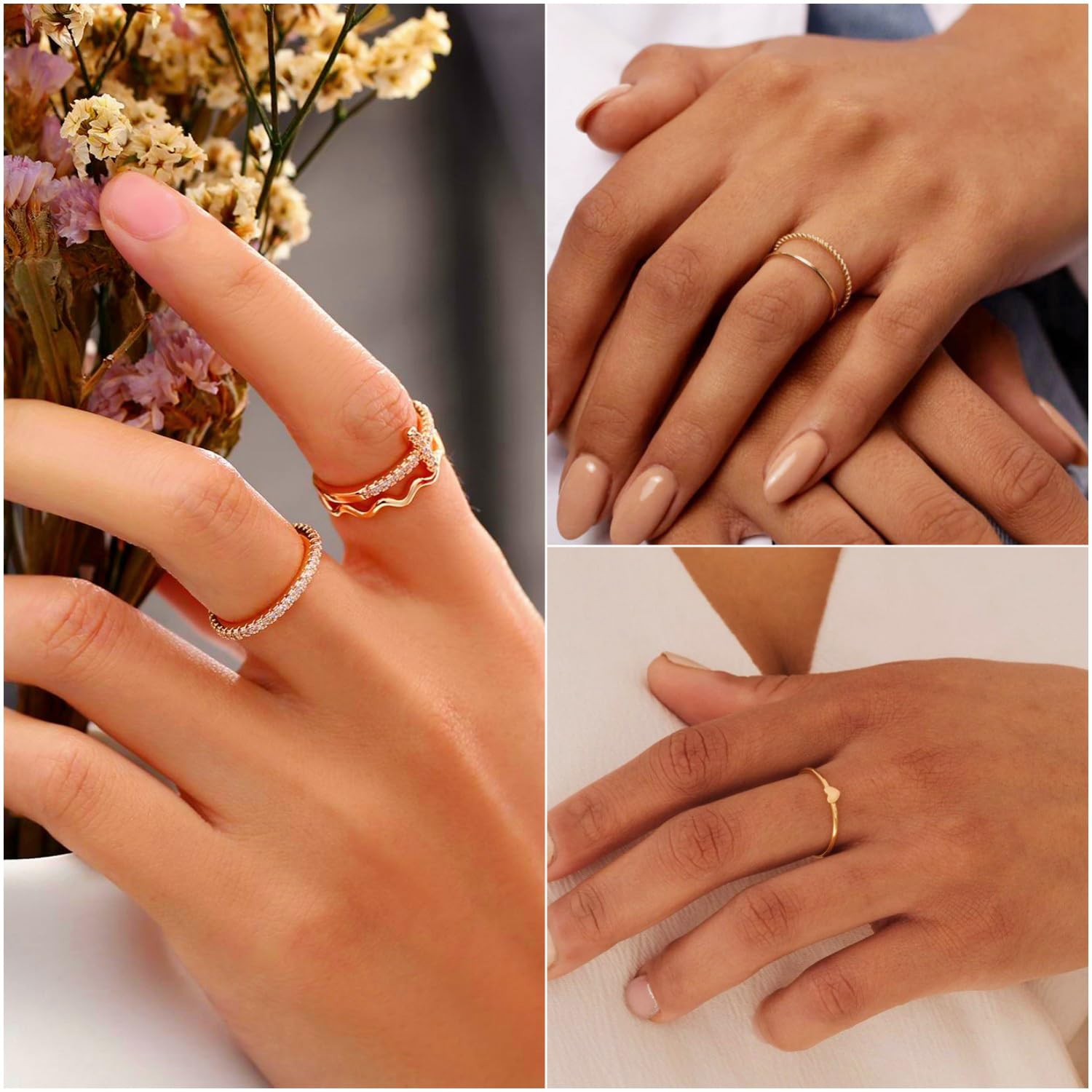 Honsny 8PCS 14K Gold Plated Rings for Women, Dainty Gold CZ Cross Heart Stackable Rings Stacking Band Ring Set for Women Size 4-11