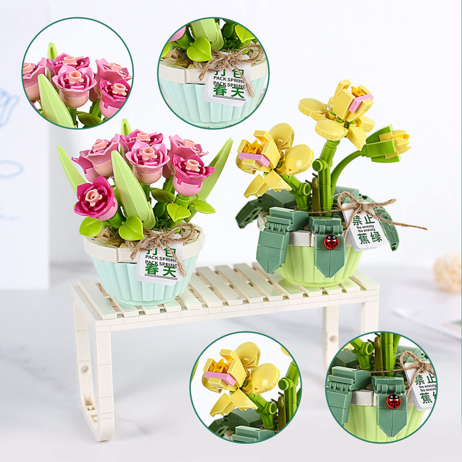 MEIEST Mini Building Blocks Bonsai Plant Model Set,2 in 1 Creative DIY Simulation Particle Flower Succulent Botanical Collection Construction Building Bricks Toy for Kids Adult Home Decor (Spring)