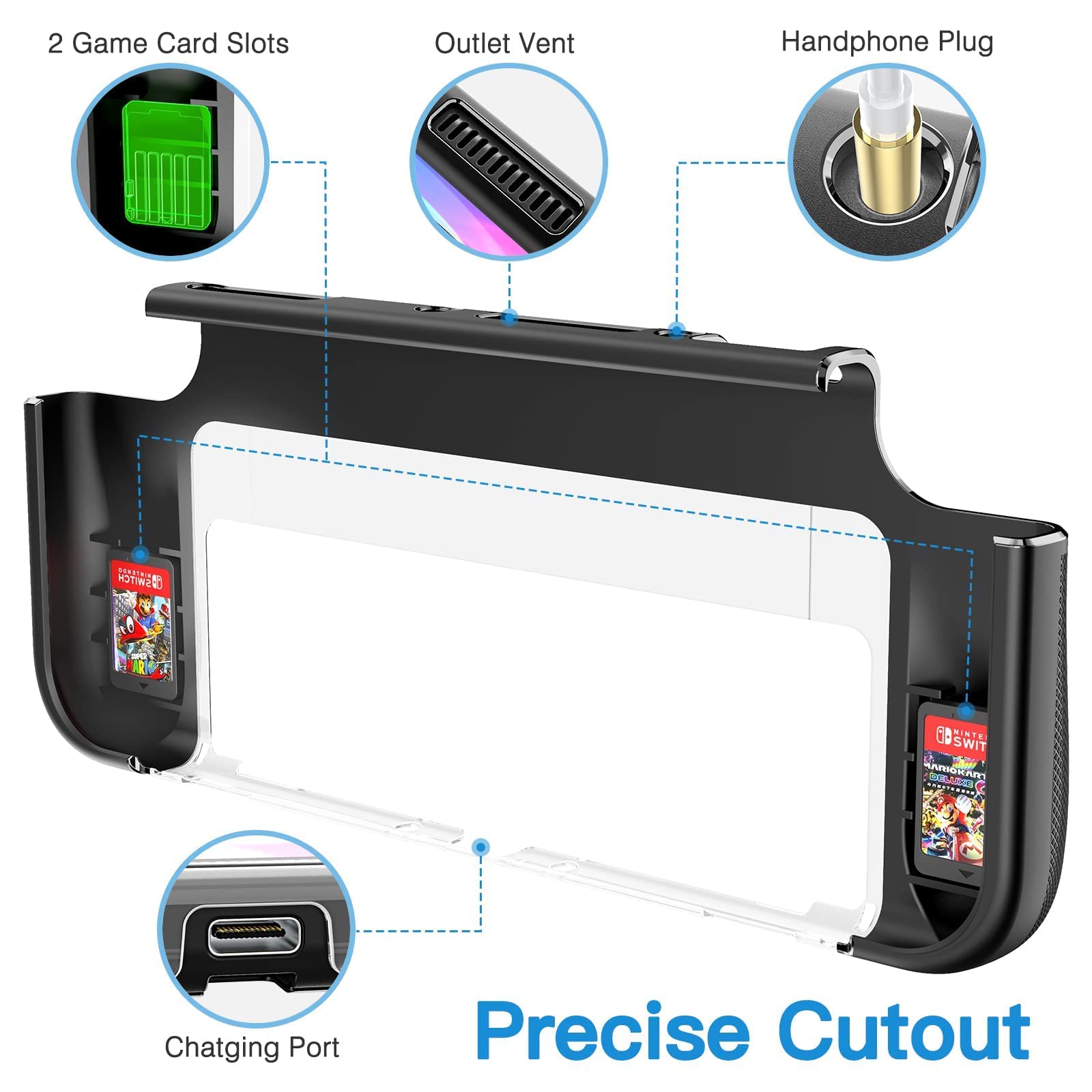HEYSTOP Switch OLED Case Dockable Compatible with Nintendo Switch OLED Model 2021, TPU Protective Case for Nintendo Switch OLED Model with Game Card Slots and 6 Pcs Thumb Grips