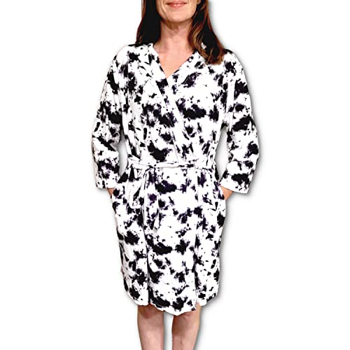Maternity Robe and Matching Baby Set 3 in 1 - Mom Loungewear with Pockets, Swaddle Blanket, Hat White & Black (L/XL 8-16)