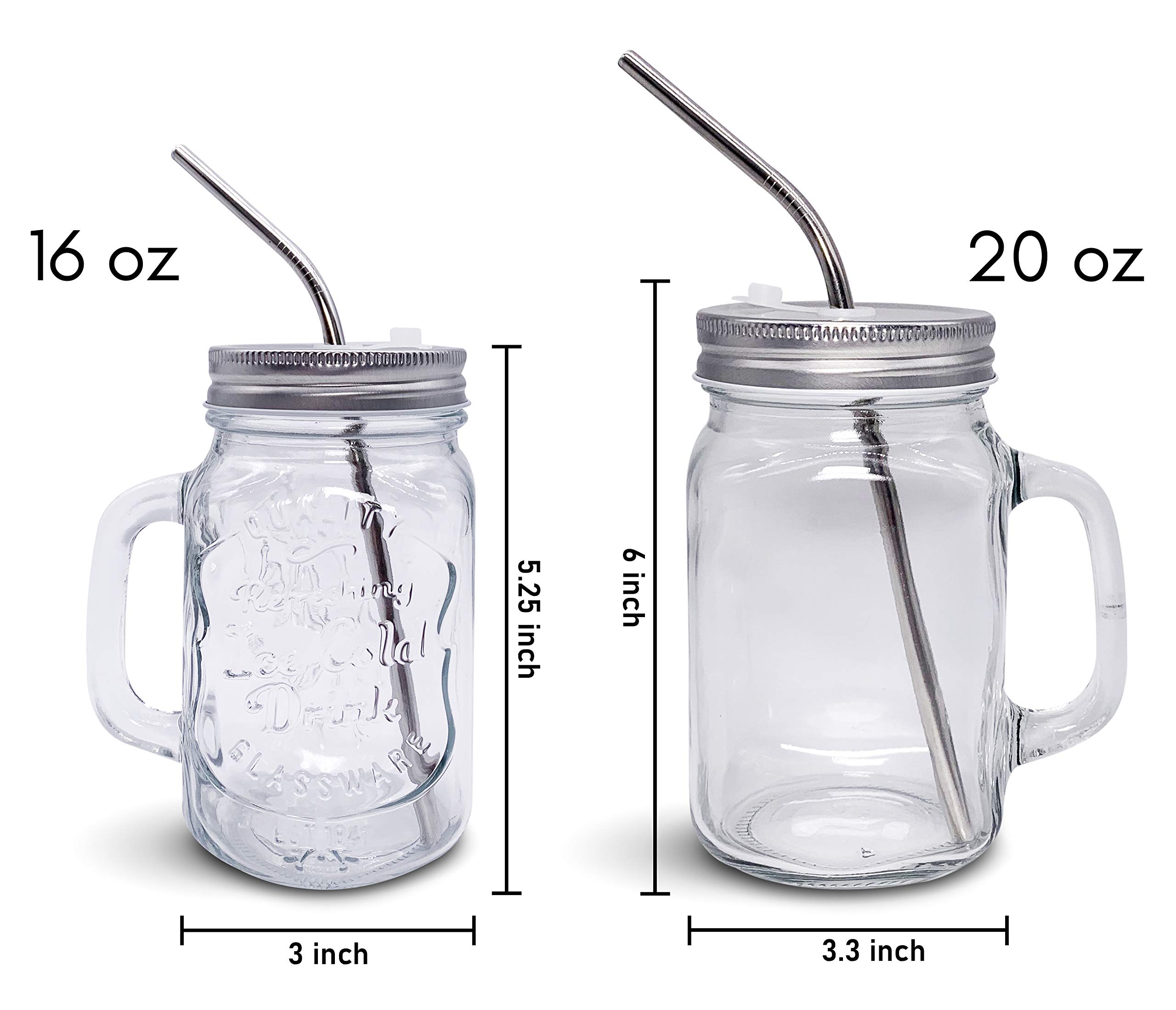 Home Suave 20oz Mason Jar Mug with Handle, Regular Mouth, Lid with Reusable Stainless Steel Straw, Silver, Kitchen Glass 20 oz Jars, Dishwasher Safe