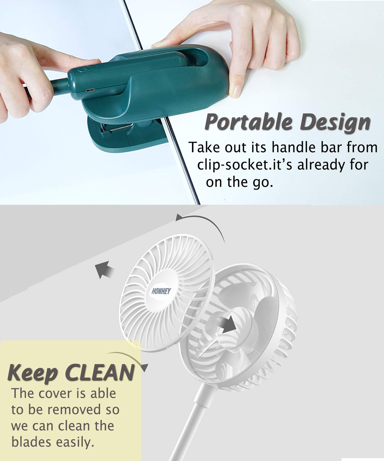 HonHey Handheld Fan Portable Mini,Clip On Fan,Stroller Fans with Rechargeable 1800mAh Battery,Flexible Handlebar,Hands Free Neck Fan,Eyelash Fan for Makeup (Blue)