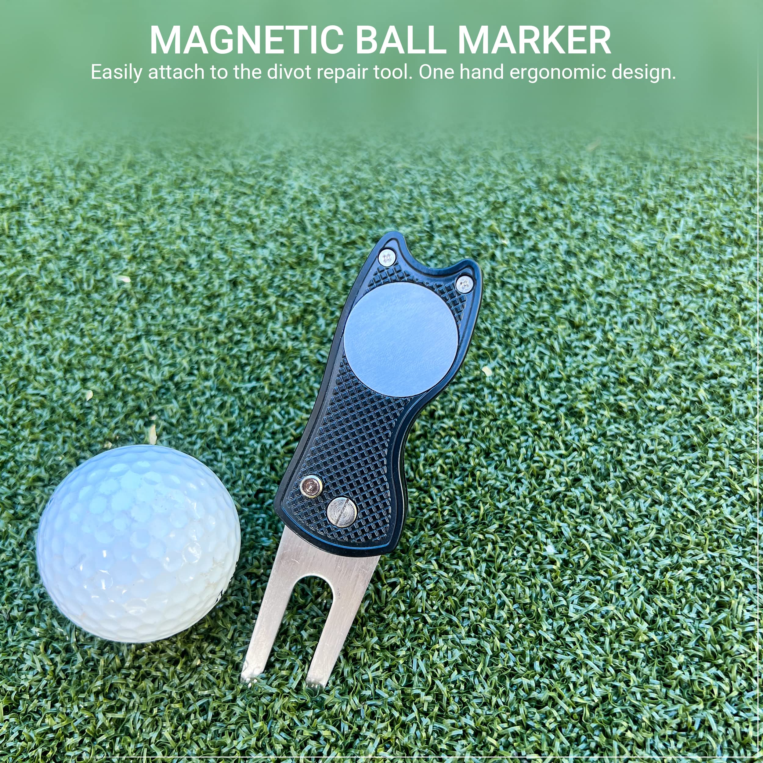 Golf Greens Repair Divot Tool Pitchfork 2 Prong Golf Ball Marker w/Switchblade Carabiner Clip Greens in Regulation Heavy Duty, Black
