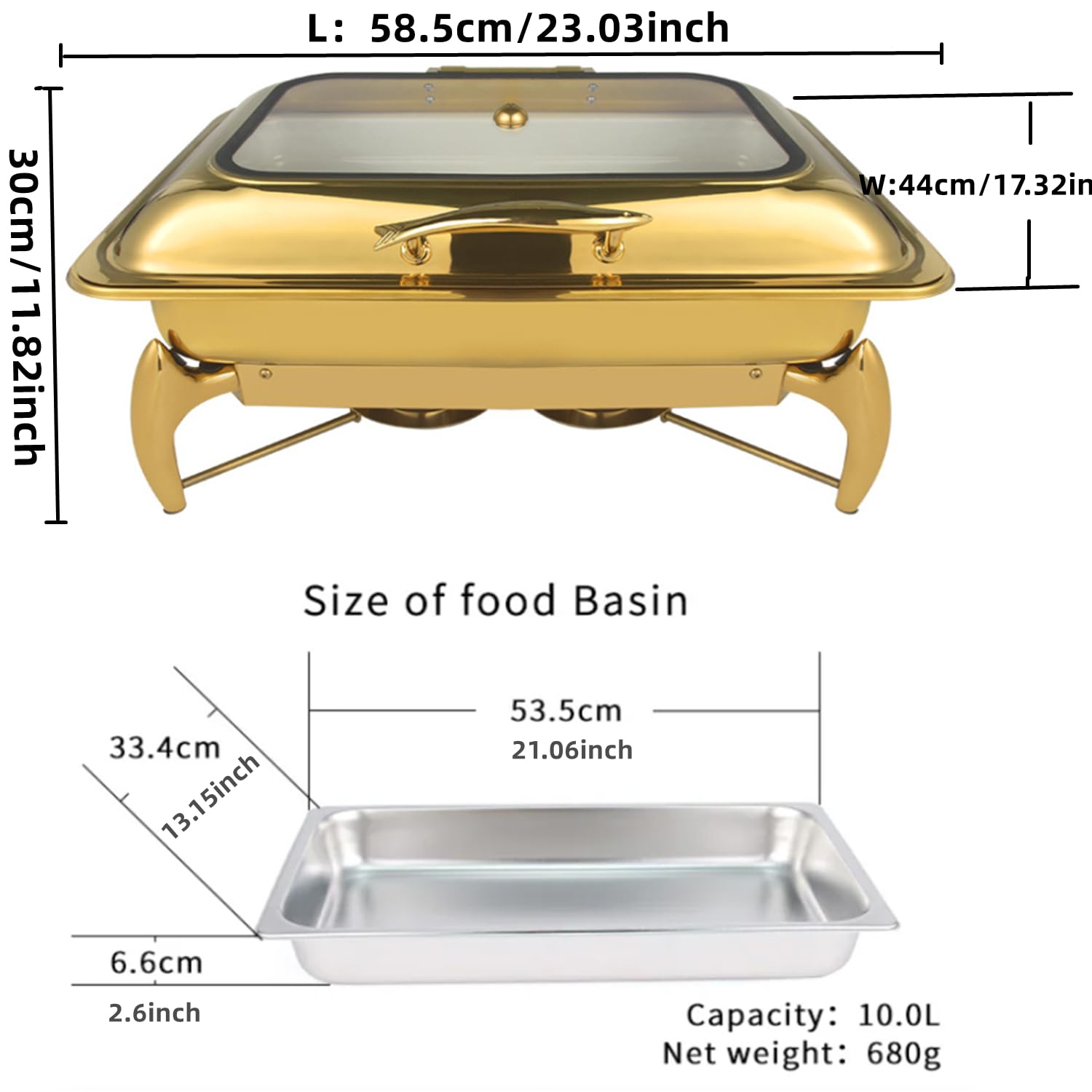HONHPD 10L Stainless Steel Thickened Buffet Stove, Commercial Hotel Restaurant Breakfast Heating Furnace, Hydraulic Transparent Cover Buffet Stove, Chafing Dish Buffet Set, Gold(Full Size)