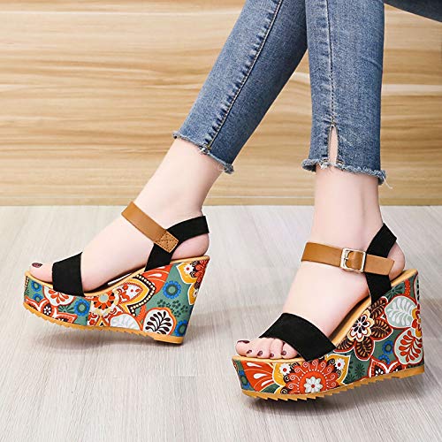 OVELING Shoes Women Wedges Toe Buckle Breathable Flower Open Summer Strap Sandals Women's Wedges Comfortable Sandals Walking