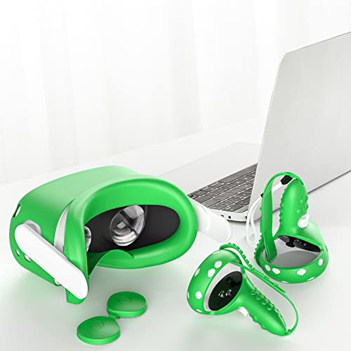 HUIUKE Touch Controller Grip Cover for Quest 2 with VR Shell Cover, Silicone VR Face Cover Pad and Lens Cover, 4 in 1 Silicone Cover Set for Quest 2 Accessories (Green)