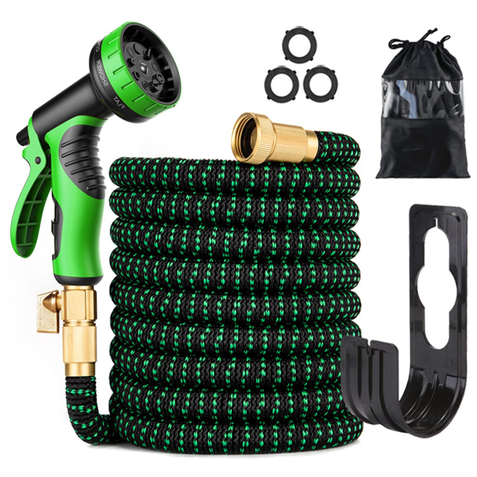 LousiRoo Premium 100ft Expandable Garden Hose Set - Durable 3750D Fabric, 4-Layer Latex Core, Strong Brass Connectors - 10 Spray Nozzles & Convenient Storage Bag Included
