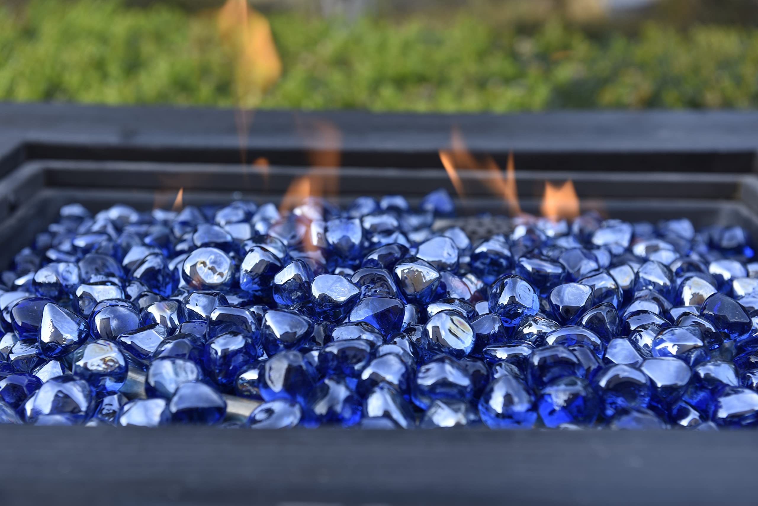 Kinway 20lbs Fire Glass Diamonds Blue Fire Pit Glass 1 Inch Fire Glass Rocks for Fire Pit Fireplace - Cobalt Blue
