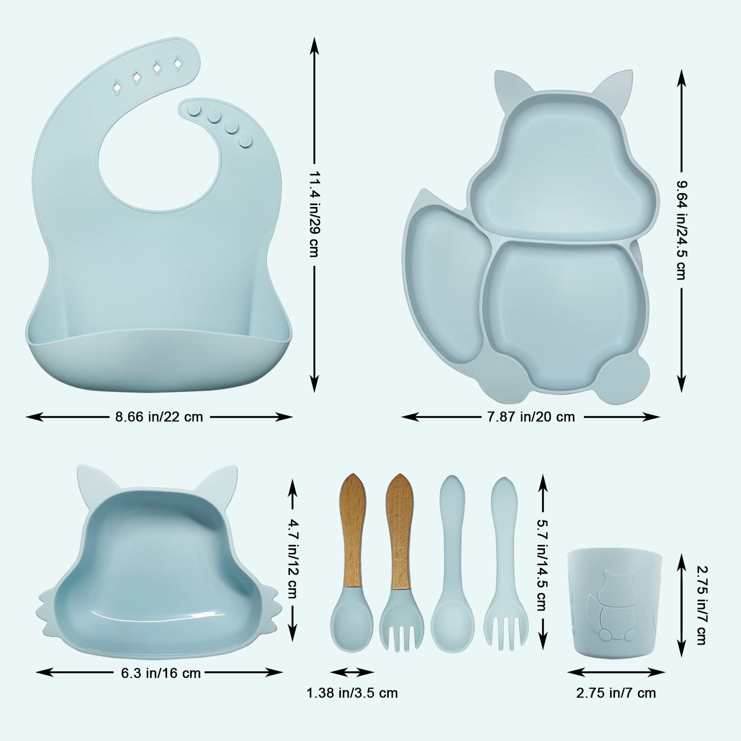Langmeil 8 Pcs Silicone Baby Feeding Set, Baby Led Weaning Supplies, Cute Squirrel, Silicone Suction Bowl Divided Plate Adjustable Bib Soft Silicone Spoon Fork Cup, Baby Self Feeding Utensils(Blue)