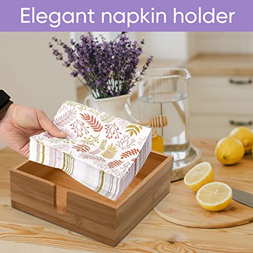 KOVOT Bamboo Napkin Holder β 7"W x 7"W Flat Square Natural Wooden Napkin Tray β Table Top Decorative Tissue Paper Dispenser for Kitchen, Luncheon & Dining Table