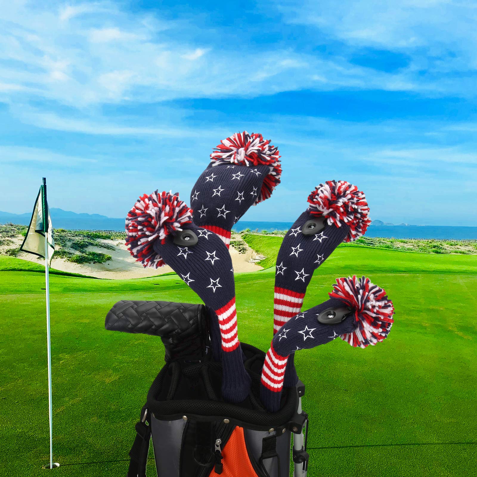 Golf Head Covers (3PCS) Driver Fairway #3#5 Knit Pom Pom White Blue Red USA Flag Desin with Number Tag