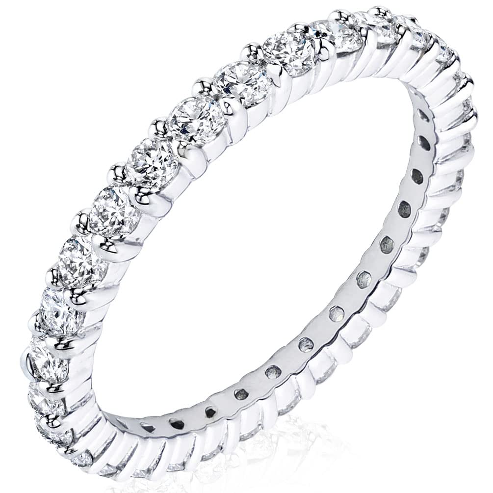 Idocare Full Moissanite Wedding Band Ring, Women's 0.925 Sterling Silver Round 2mm Eternity Bands Size 9