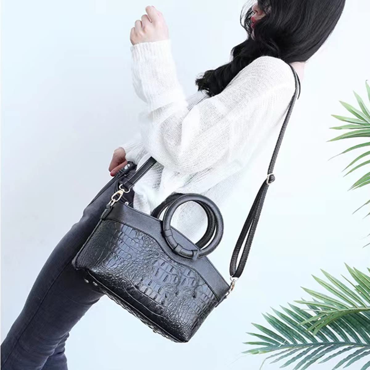 IAMUHI Womens Crocodile Satchel Handbag Vegan Leather Top Handle Tote Shoulder Cross Body Bag Purse,Black