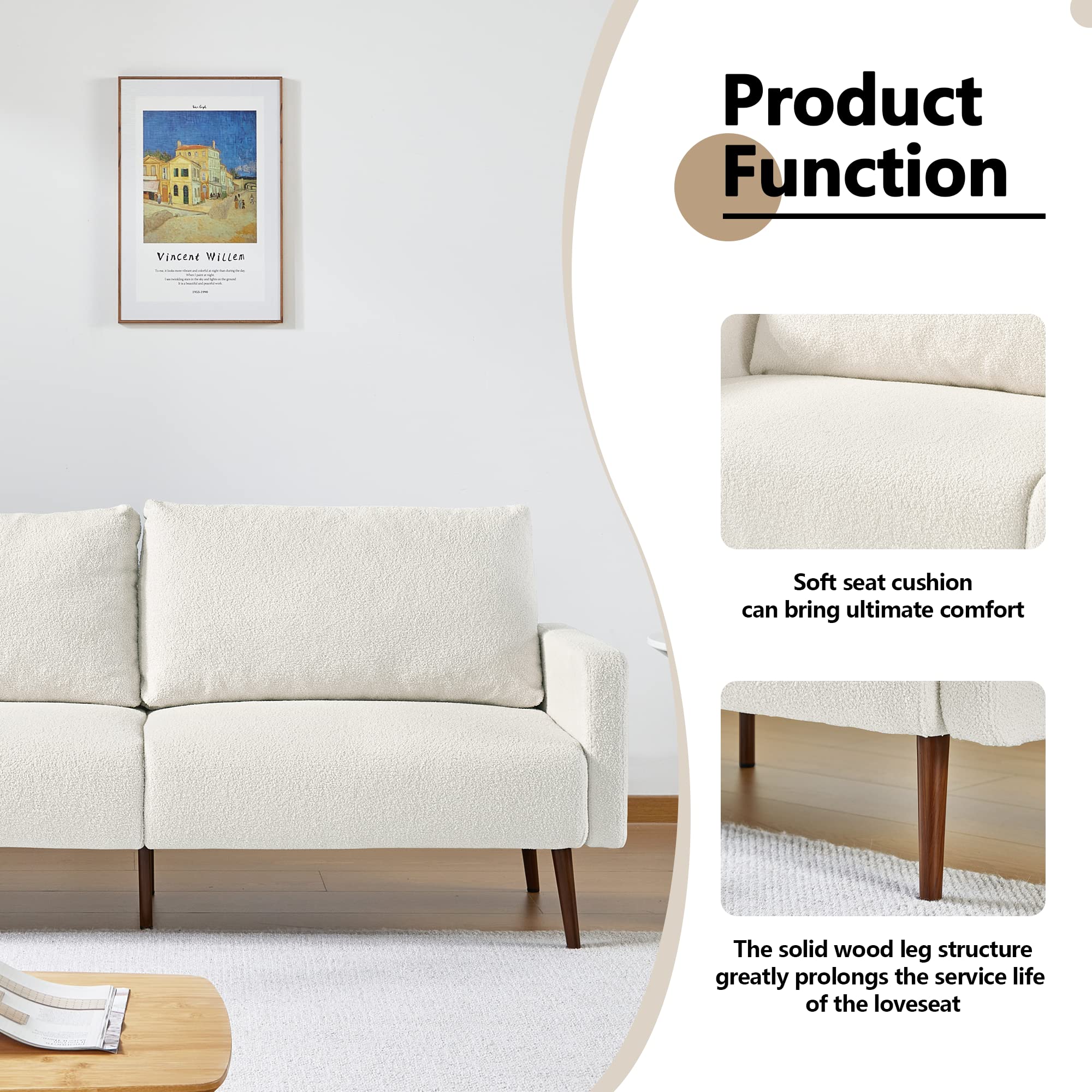 ORRD Large Sofa, 74 Inch Teddy Velvet Loveseat Couch Mid-Century Modern Upholstered Accent Couches for Living Room, Apartment, Bedroom