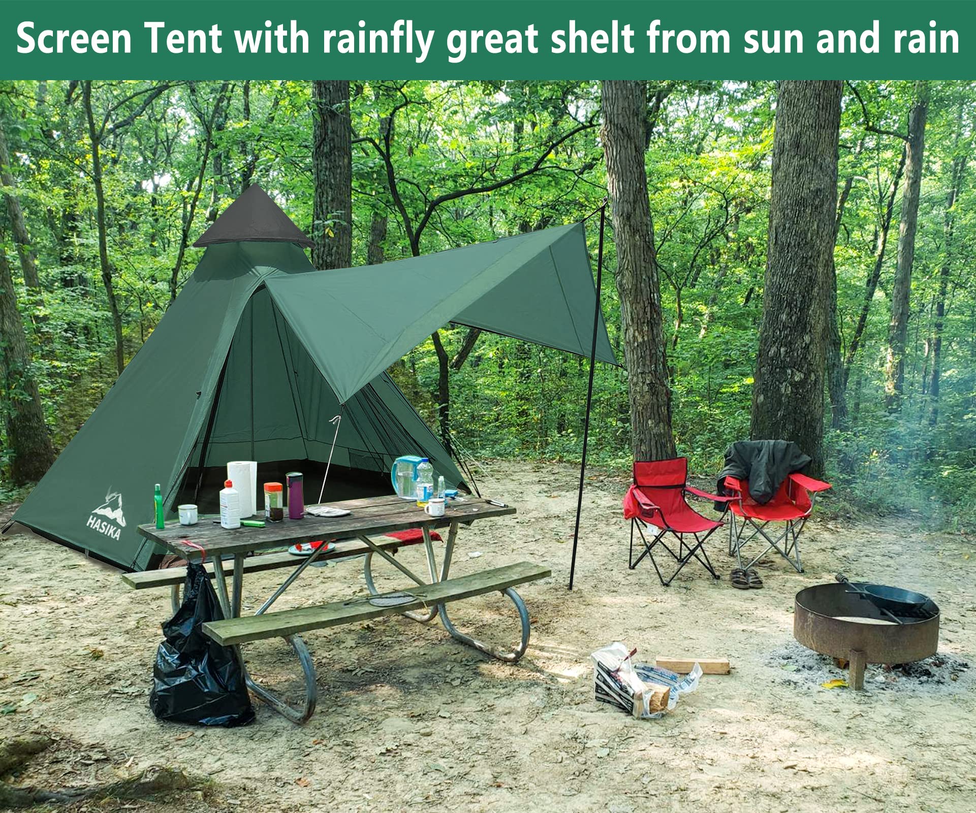 Hasika 4 Person Camping Tent Teepee Tent with Screen Netting and Rainfly Easy Set Up Waterproof Windproof Large Space 12x10ft