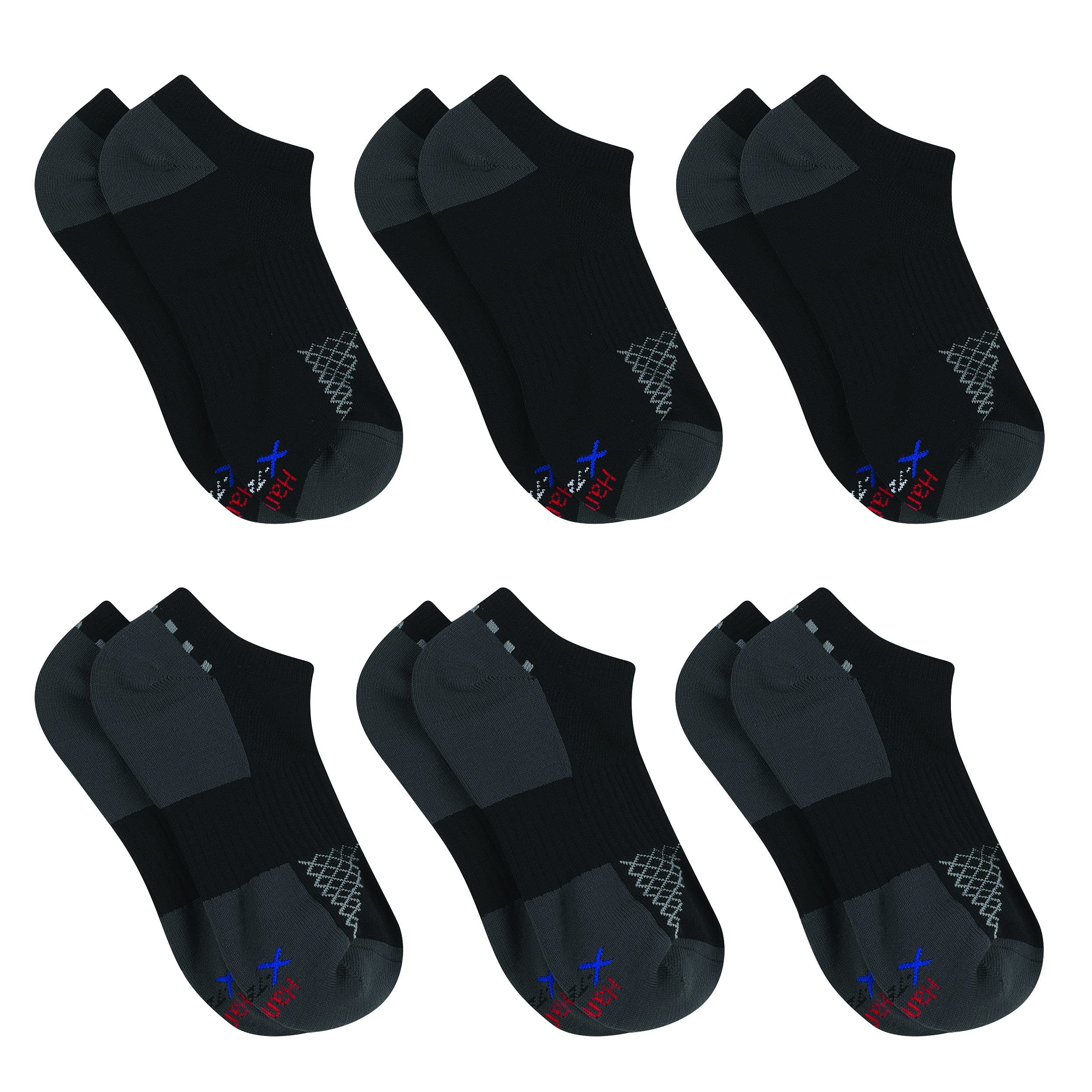 Hanes mens X-temp No Show 6-pair Pack, Available in Big & Tall Performance Sock, Black/Grey Heel Toe, 6 12 US