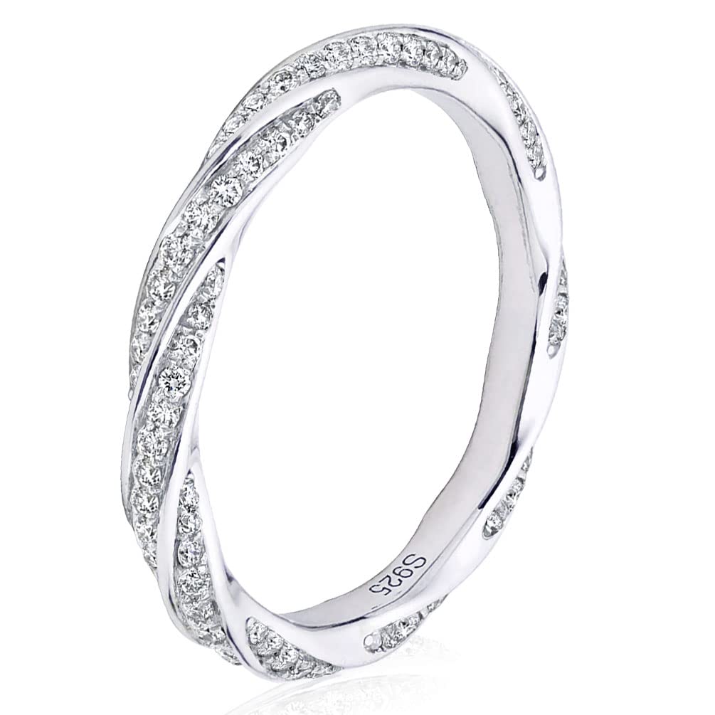 Idocare Tiny Moissanite Wedding Bands For Women 925 Sterling Silver Twist Eternity Ring 2mm Width Size 7
