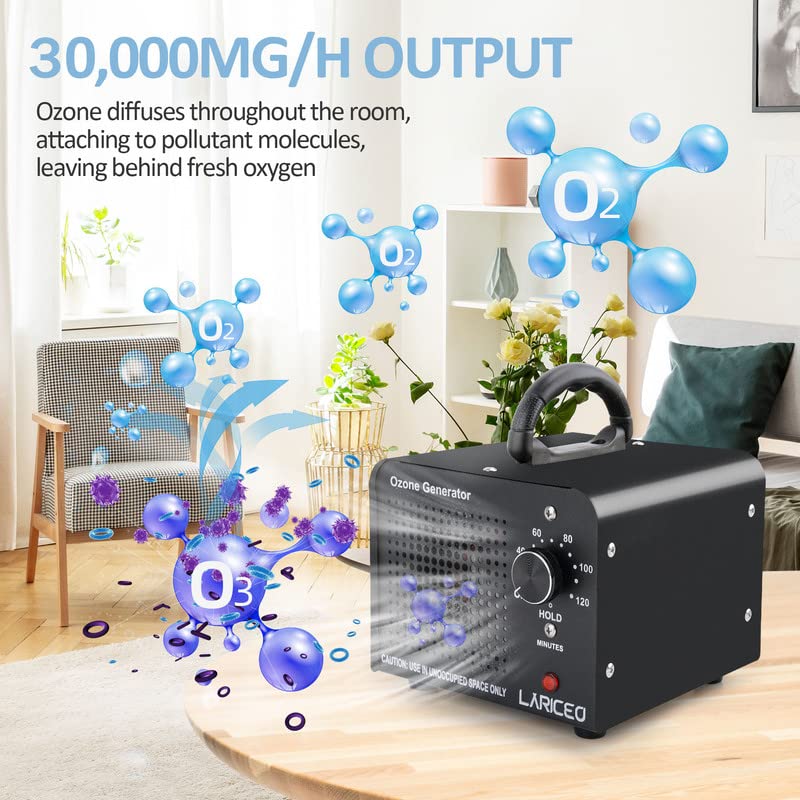 LARICEO 30000mg/h Ozone Generator - Powerful Commercial Ozone Machine for Home, Car, and More - Effectively Eliminate Odors, Smoke, and Pet Odors with High Capacity (Black)