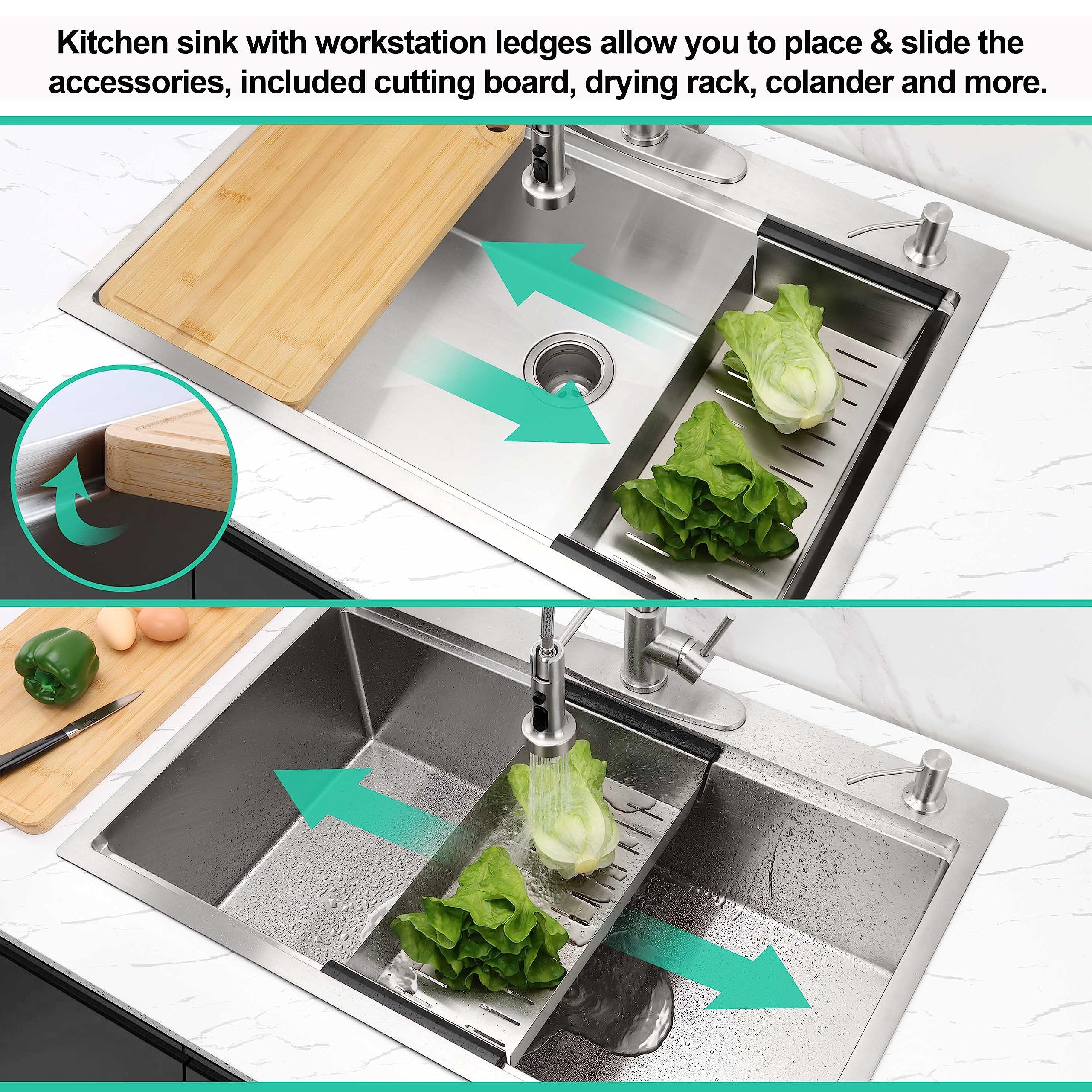 Homikit 33 x22 Inch Kitchen Sink with Soap Dispenser, 16 Gauge Stainless Steel Topmount Drop In Kitchen Sinks Single Bowl 2-Hole R10 Corner, 10" Deep Large Farmhouse Workstation Sink with Accessories