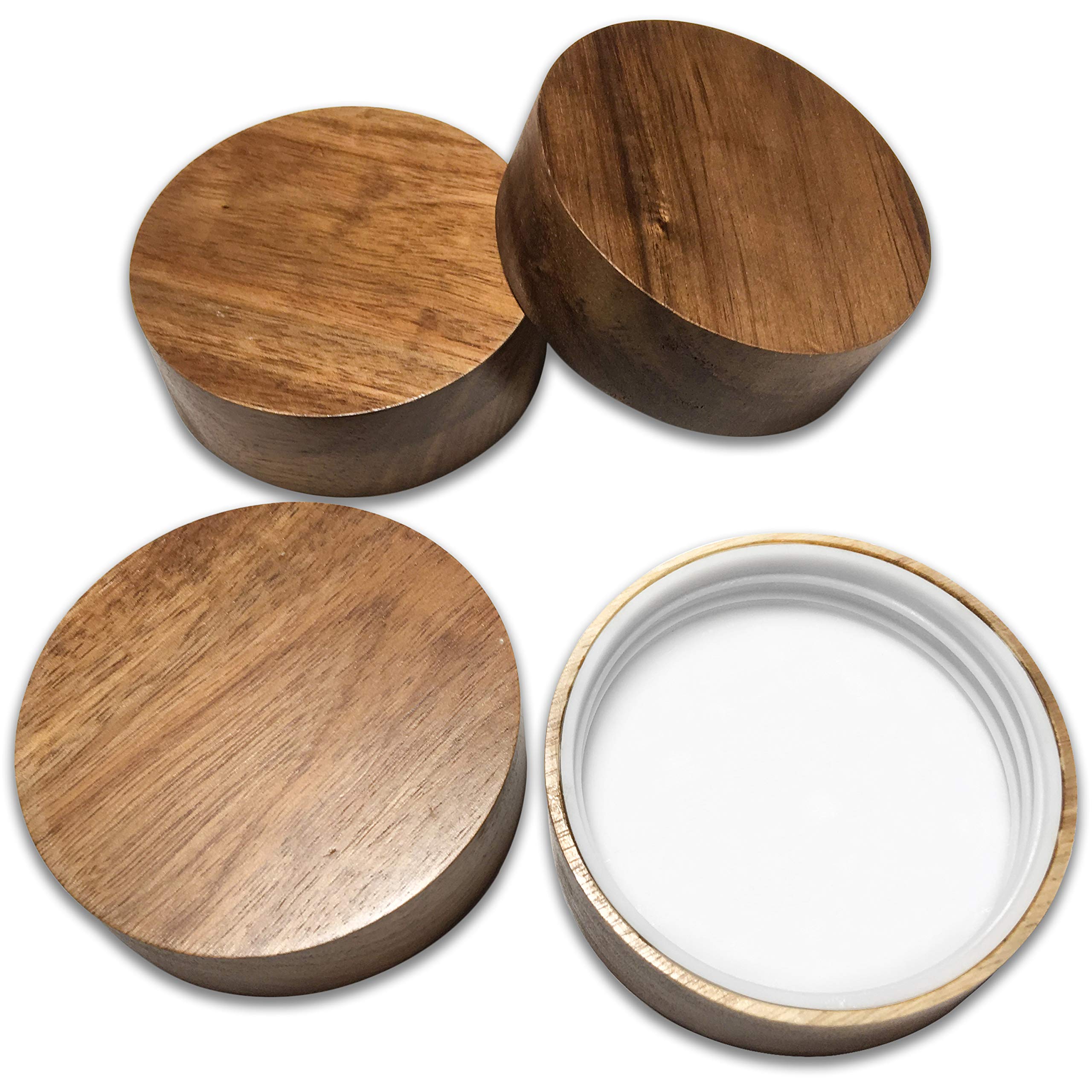 Kitchen Charisma Wooden 4 Mason Jar Lids Wide Mouth (Acacia Wood) - Custom Molded Screw Top Mason Jar Lid Set Storage Lids for Ball Jars Only