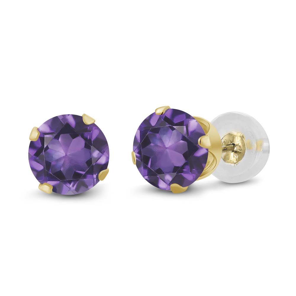 Gem Stone King 14K Yellow Gold Purple Amethyst Stud Earrings | 0.90 Cttw | Gemstone Birthstone | Round 5MM | Gold Earrings For Women