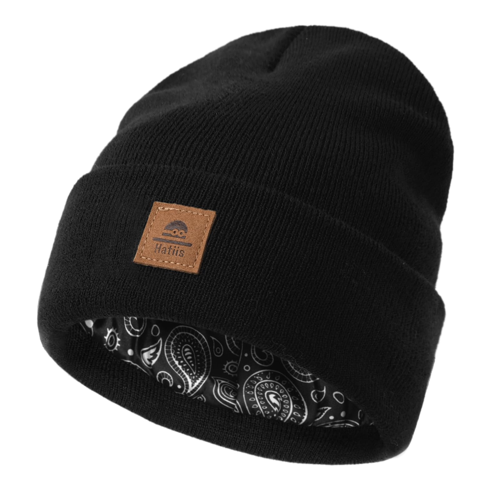 Hatiis Beanie Hat with Satin Lined for Women Men Cuffed Plain Skull Hat Unisex Winter Knit Cap Beanie for Women and Men