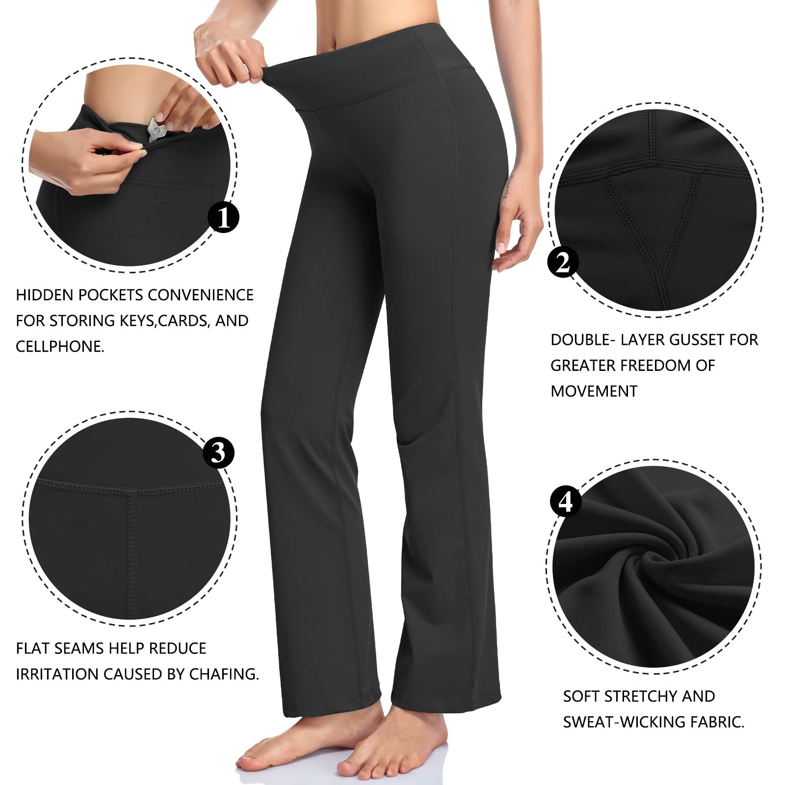 HISKYWIN Women's Bootcut Yoga Pants Crossover High Waisted Tummy Control Workout Flare Pants with Waistband Pocket HF836-Black-M